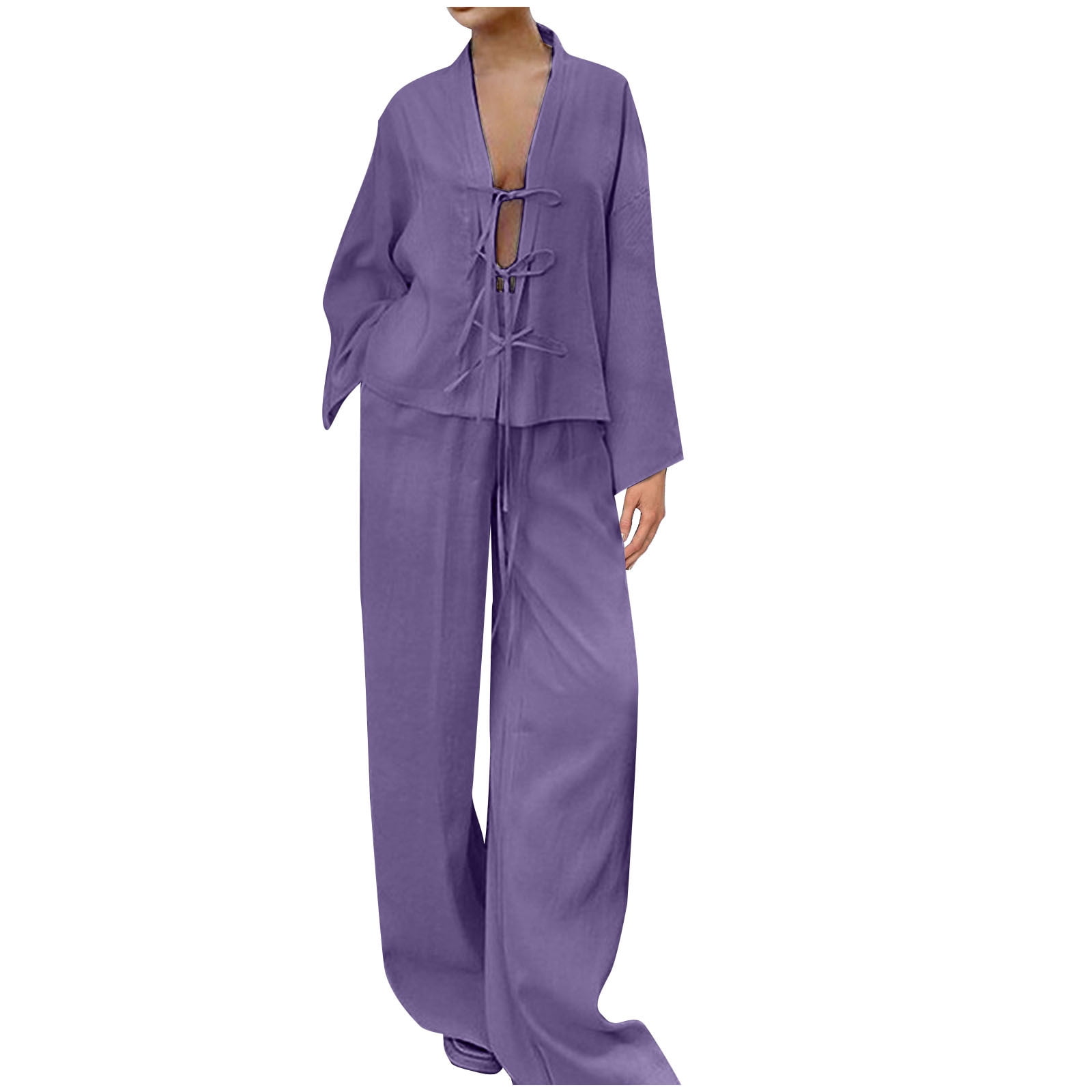 STETMN Women's Cotton Linen Loungewear Set Oversized Tie Front Top High ...