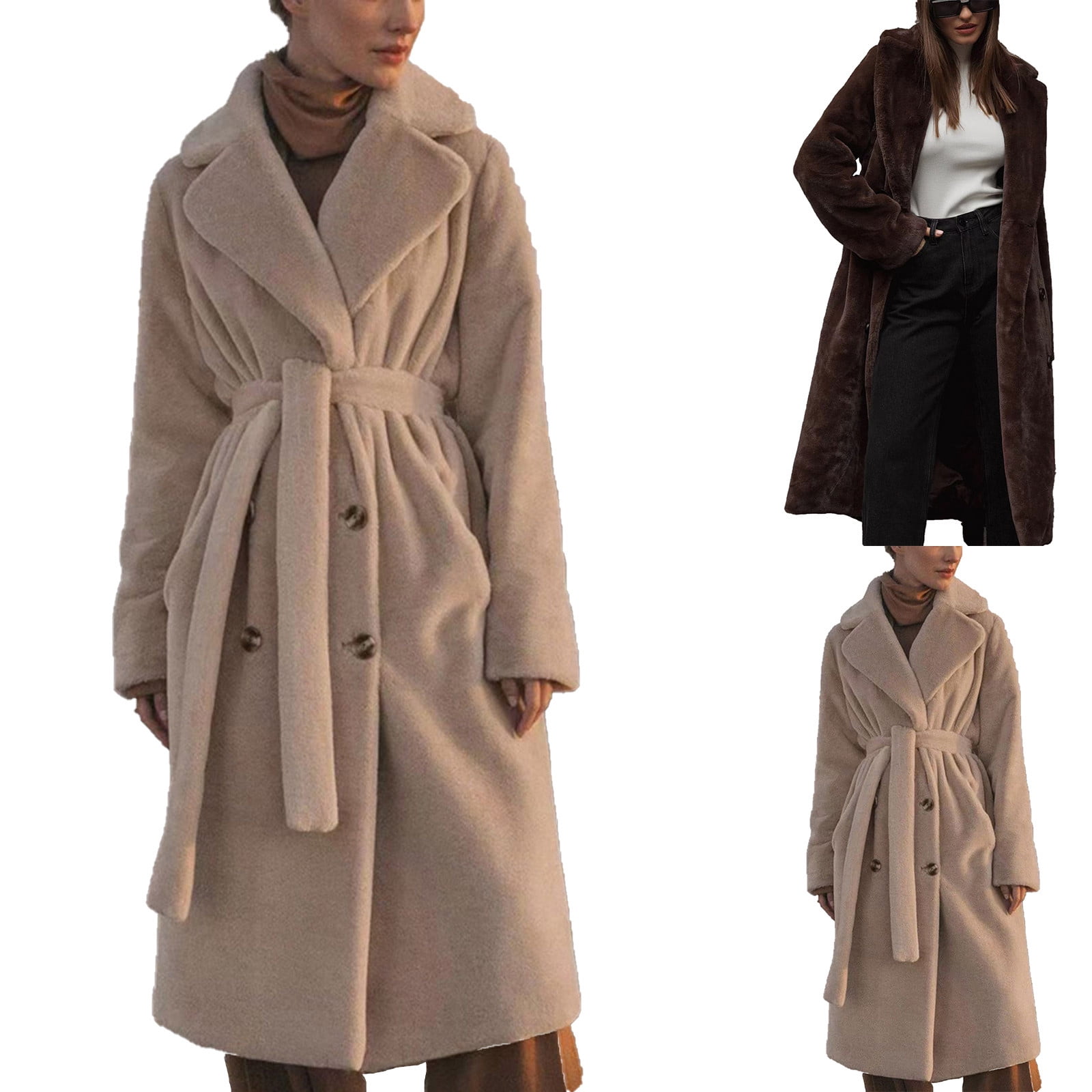 STETMN Women's Faux Fur Long Coat Double Breast Shaggy Jacket with Belt ...