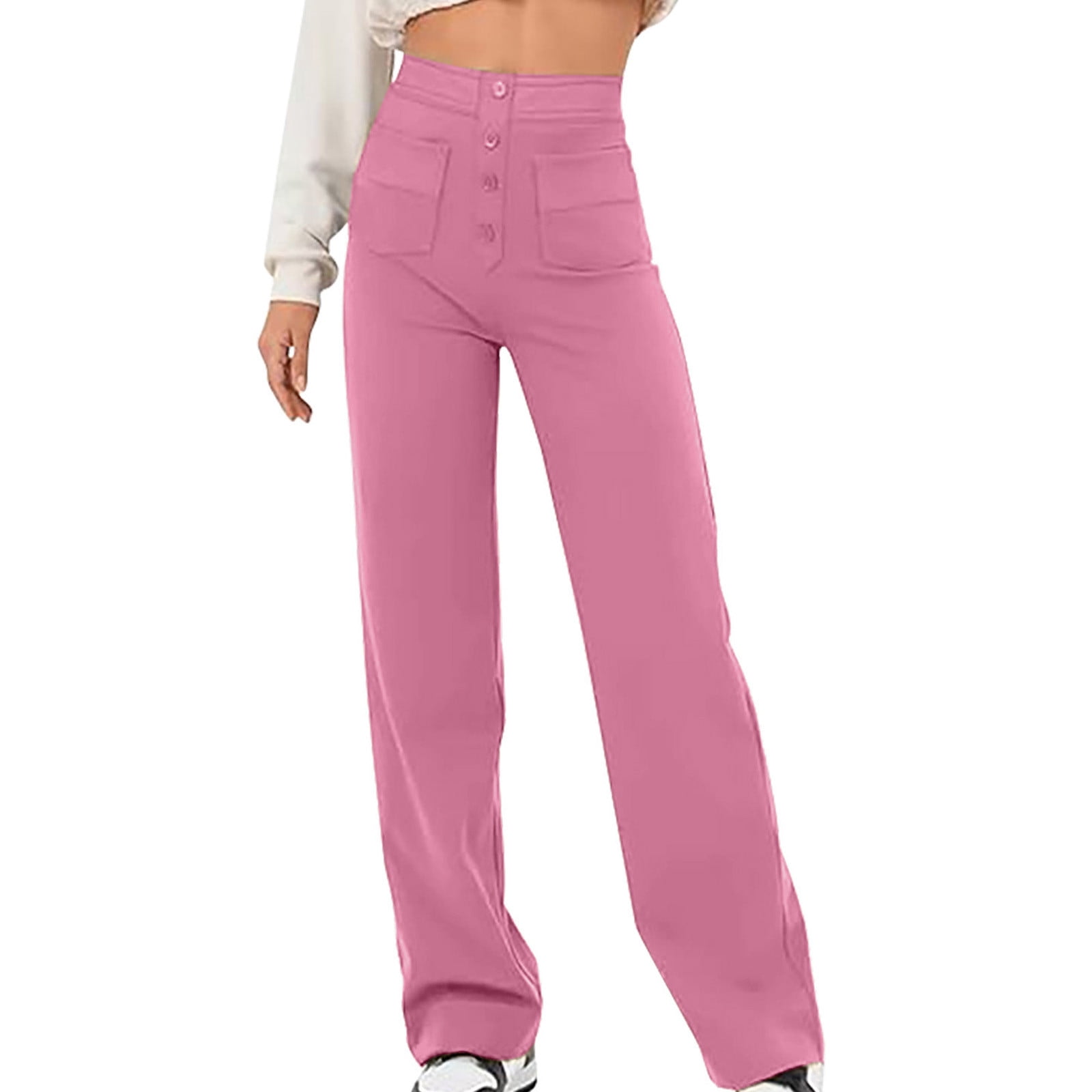 STETMN Women's High Waisted Stretch Pants Casual Straight Leg Button ...