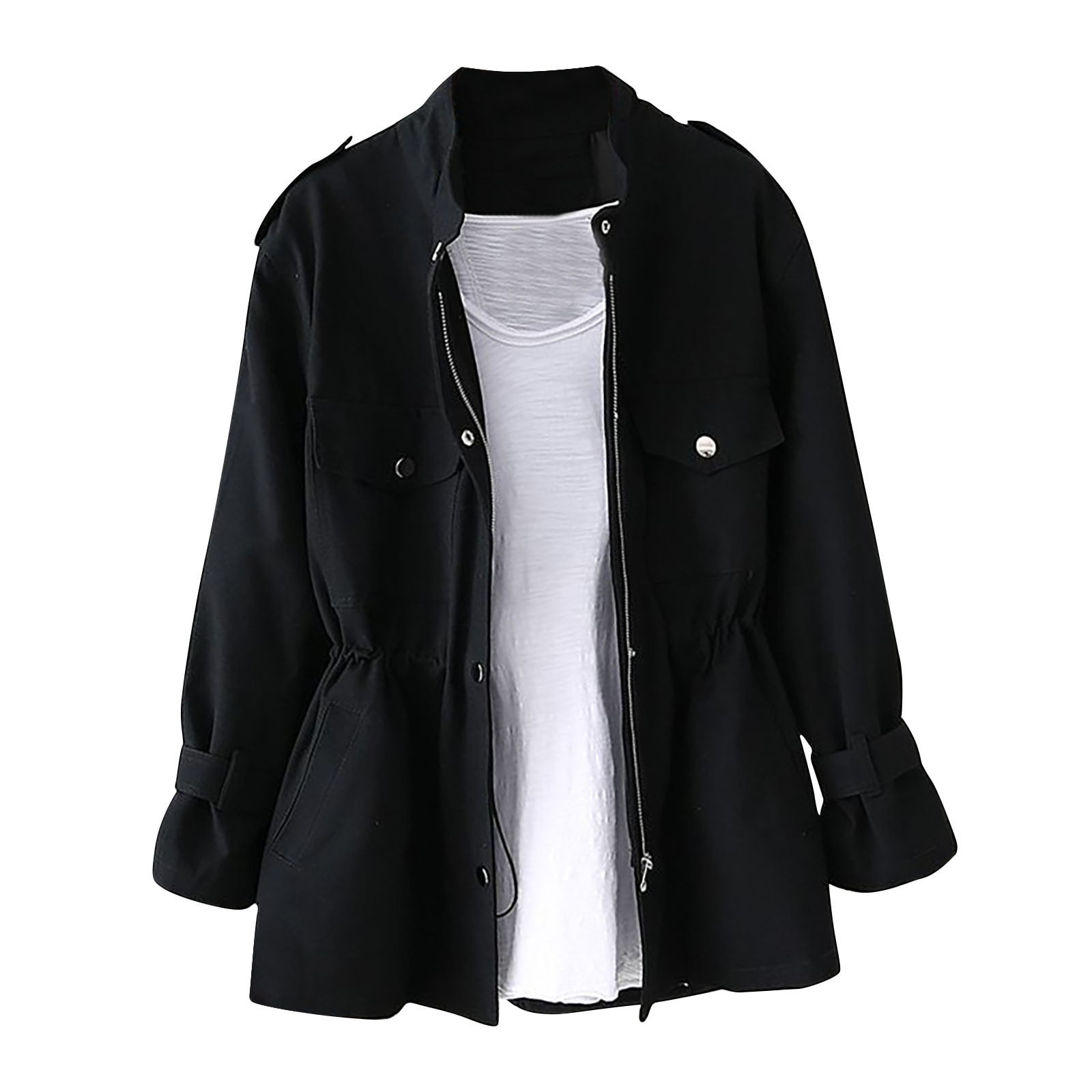 STETMN Women's Lightweight Trench Coat Zip Up Stand Collar Overcoat ...