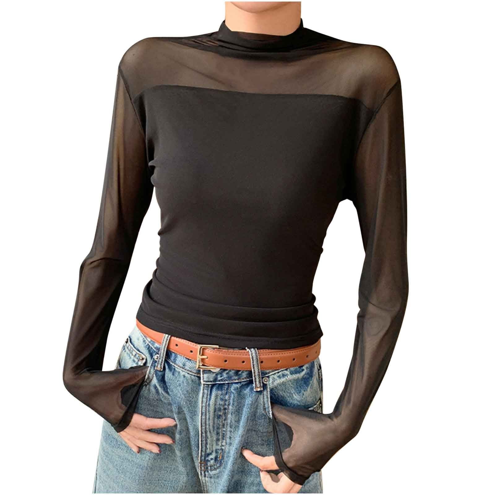 STETMN Women's Mock Turtle Neck Long Sleeve Tops Sexy Sheer Mesh Going ...