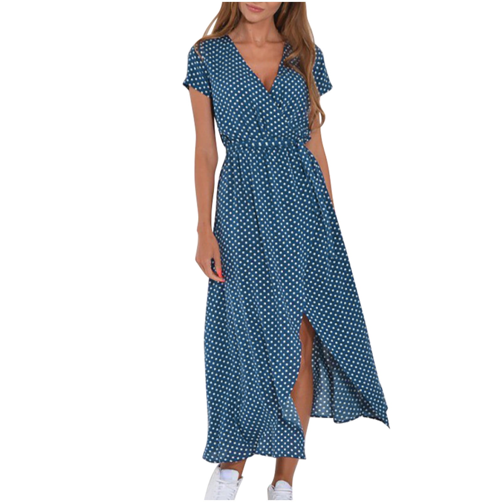 STETMN Women's Spring Formal Dresses V Neck Short Sleeve Slit Flowy ...