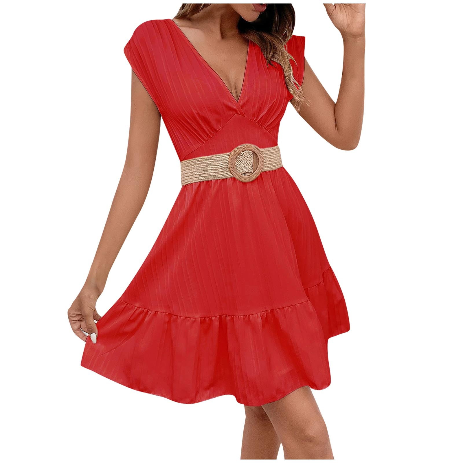 STETMN Women's Summer Dresses Deep V Neck Ruffle Sleeve Sundresses ...