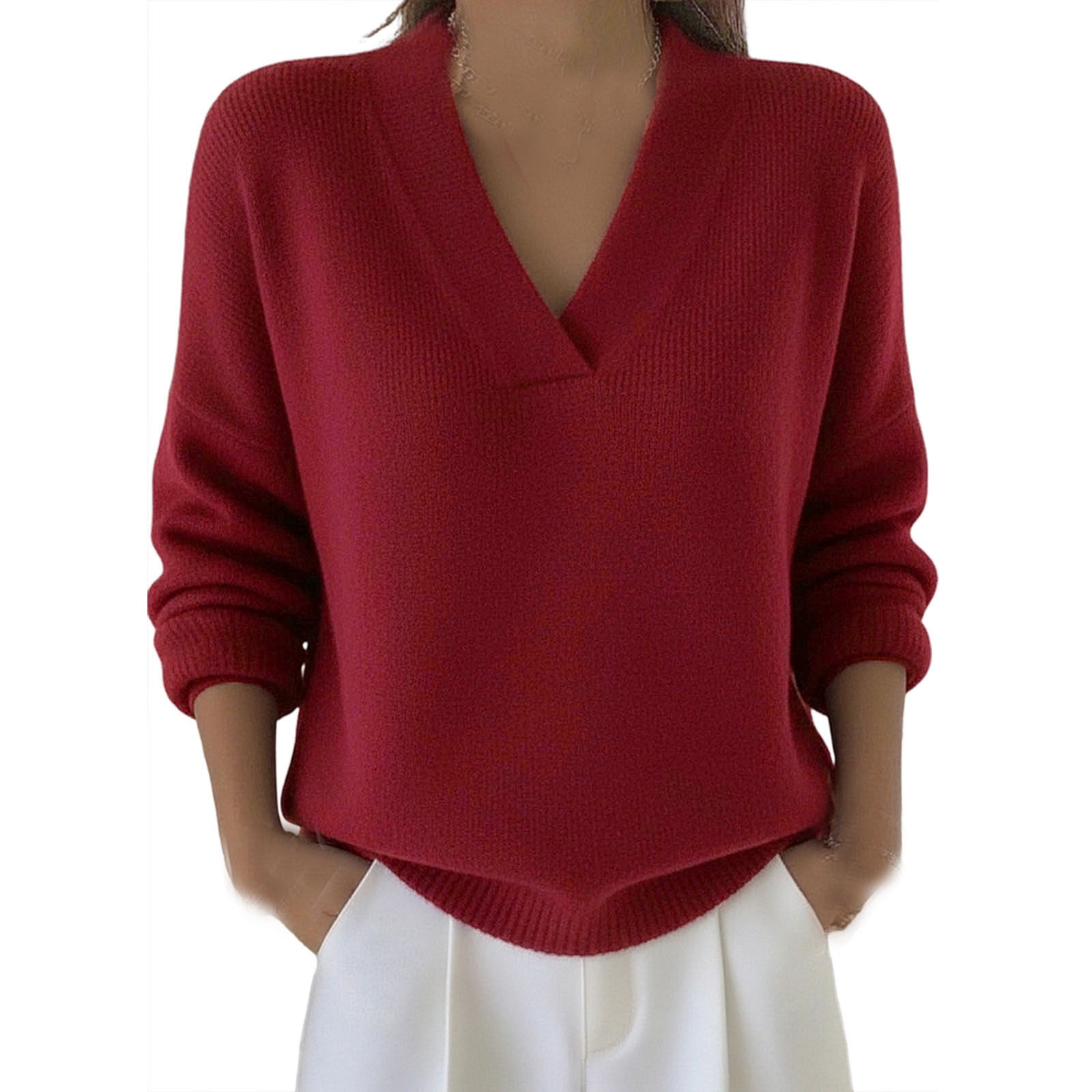 STETMN Women's V Neck Sweater Wine Knit Tops Long Sleeve Warm Sweaters ...