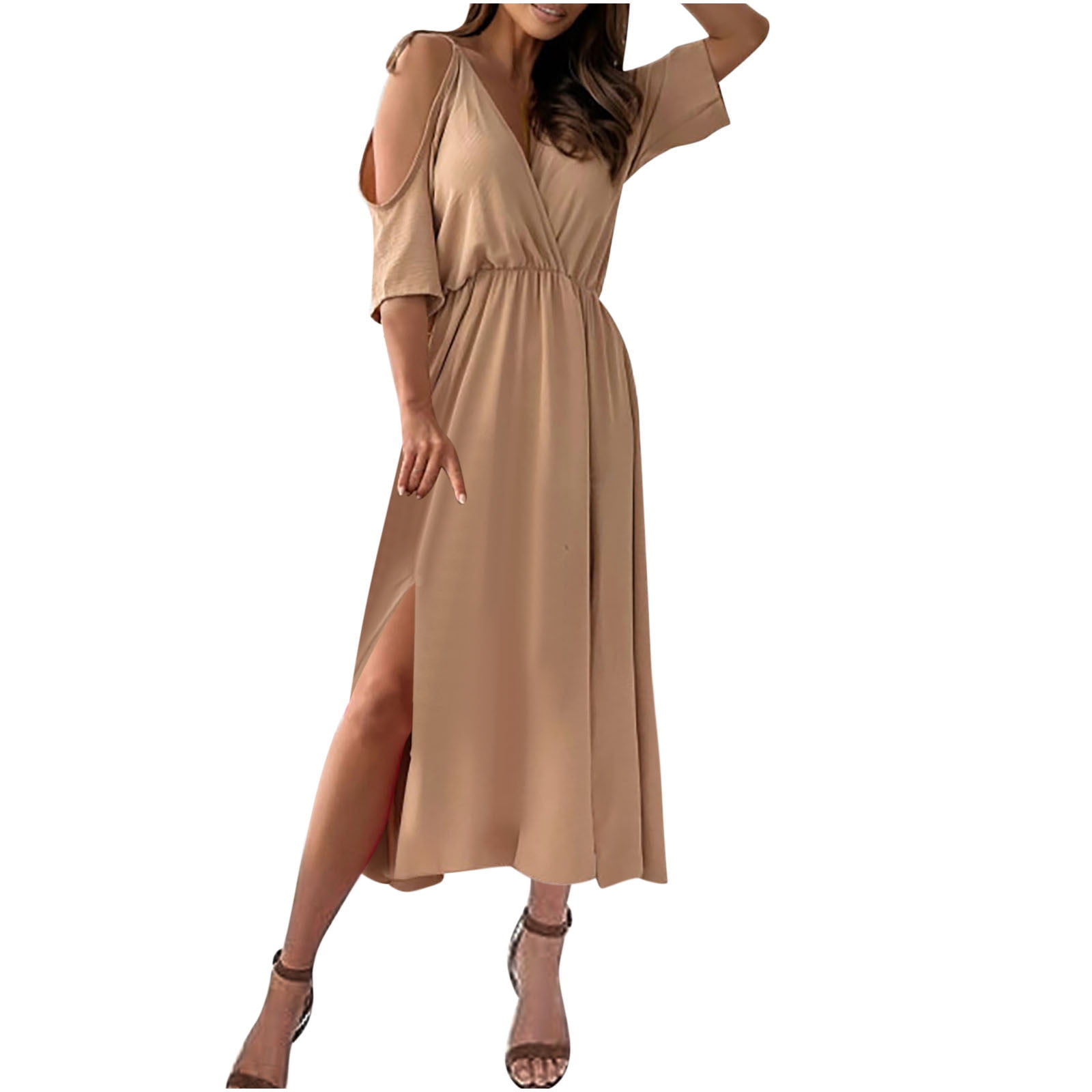 STETMN Womens Casual Dresses V Neck Short Sleeve Slit Flowy Dress Party ...