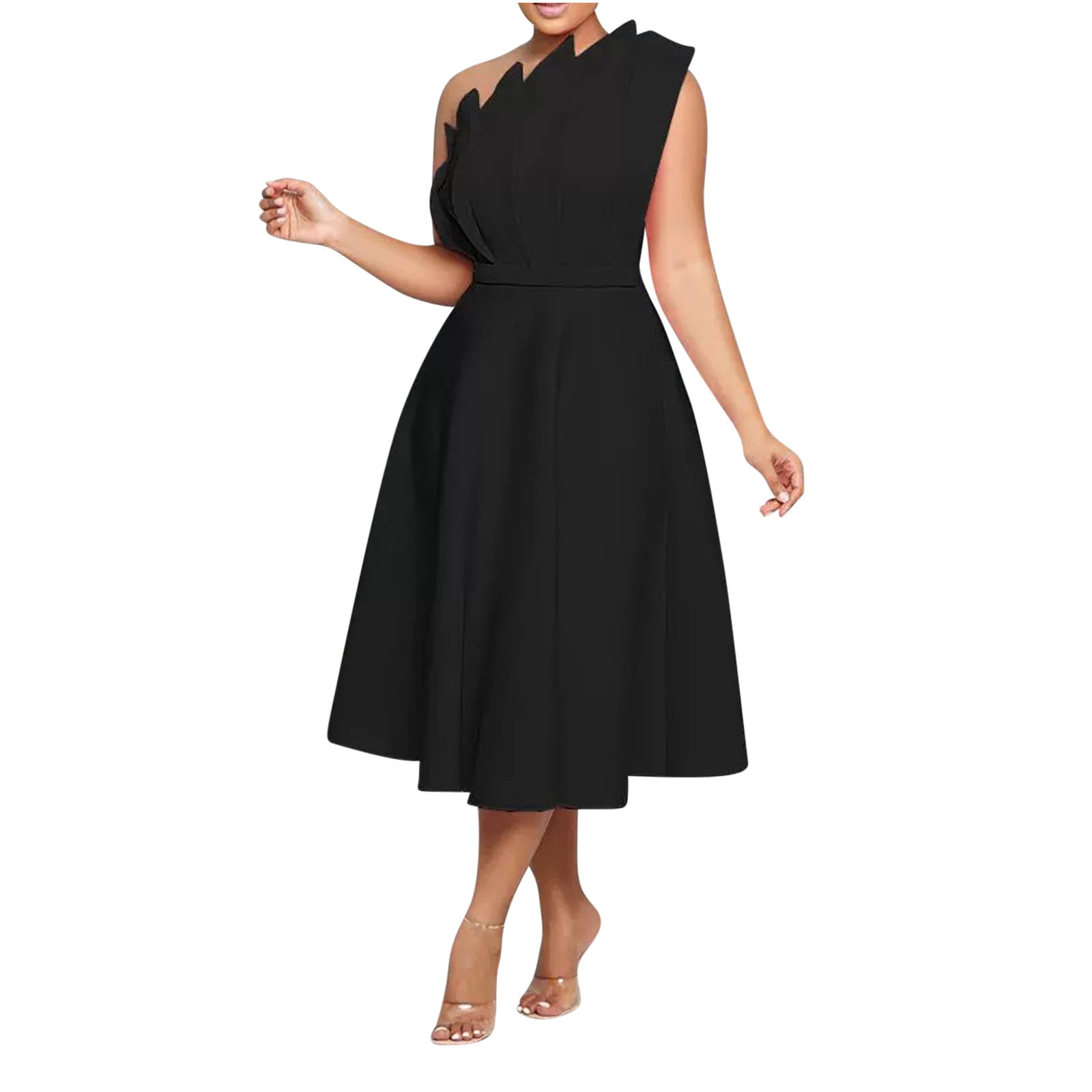STETMN Womens One Shoulder Sleeveless Ruffle Empire Waist Formal ...