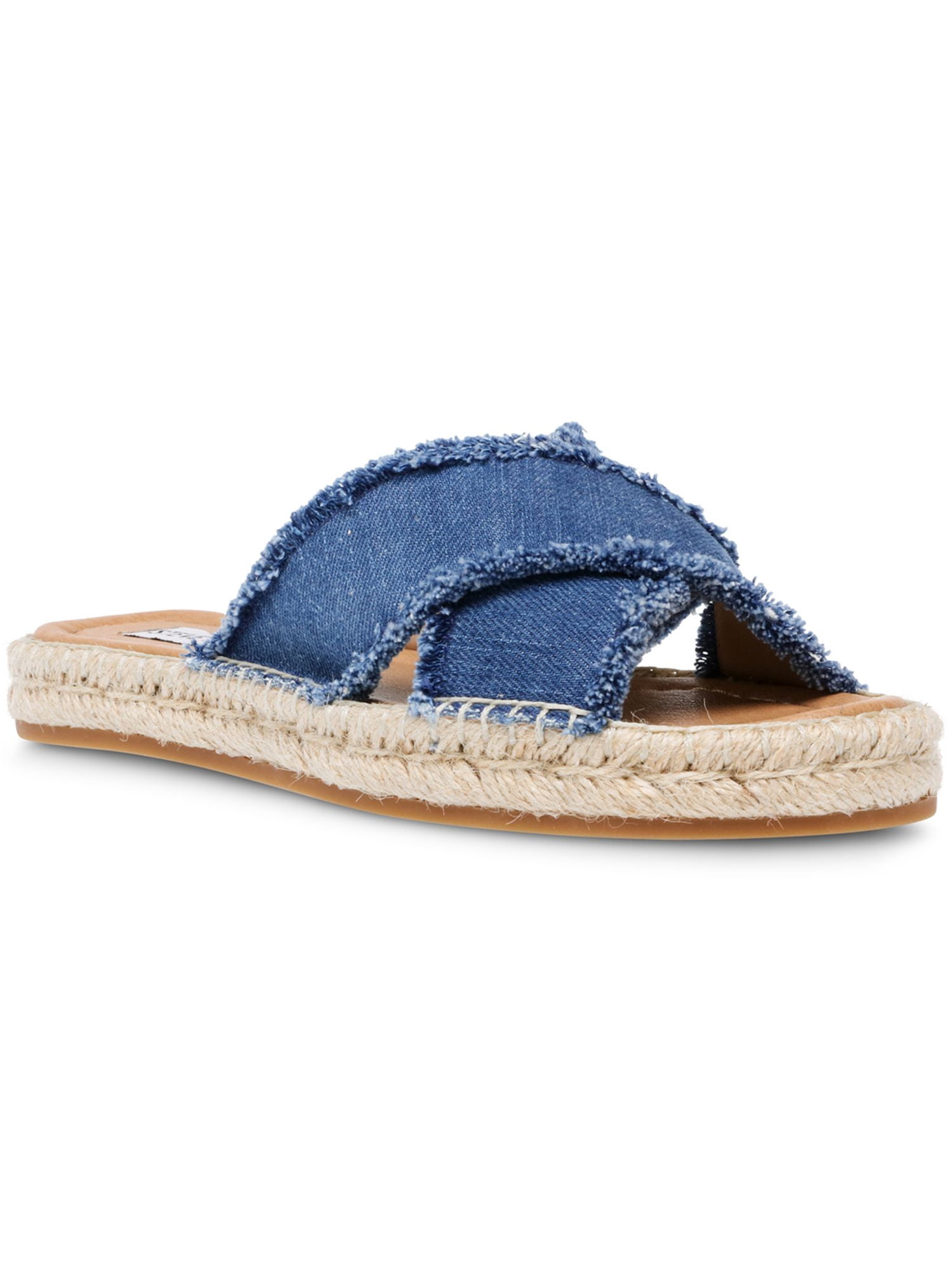 STEVE MADDEN Womens Blue Frayed Crisscross Strap Padded Zelina Round ...