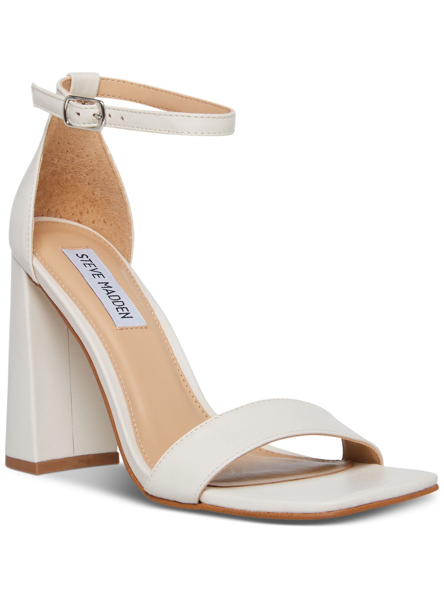 STEVE MADDEN Womens Ivory Ankle Strap Padded Tiaa Square Toe Block Heel Buckle Leather Dress ...