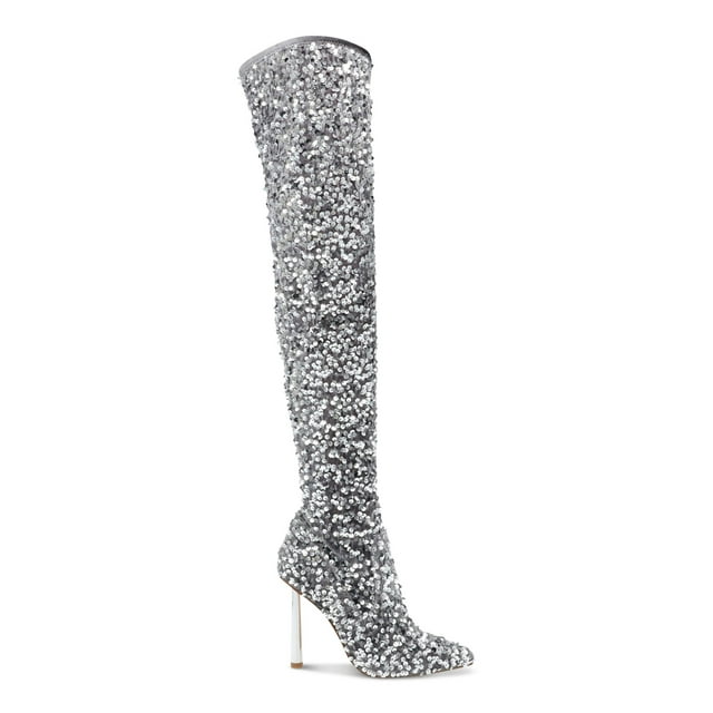 STEVE MADDEN Womens Silver Sequined Padded Vivee Pointed Toe Sculpted ...