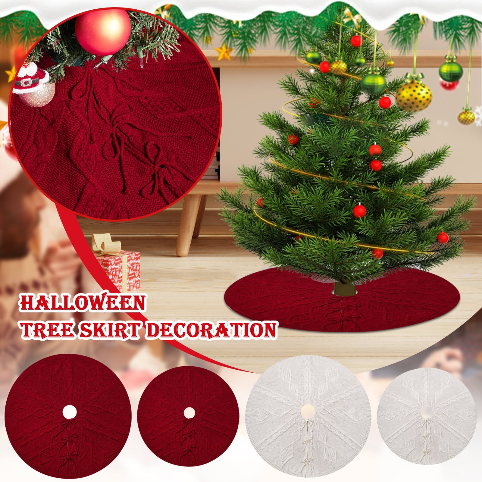 STGRGFHY 48"Inch Christmas Tree Skirt: Diamond Braided Cable Knit Tree ...