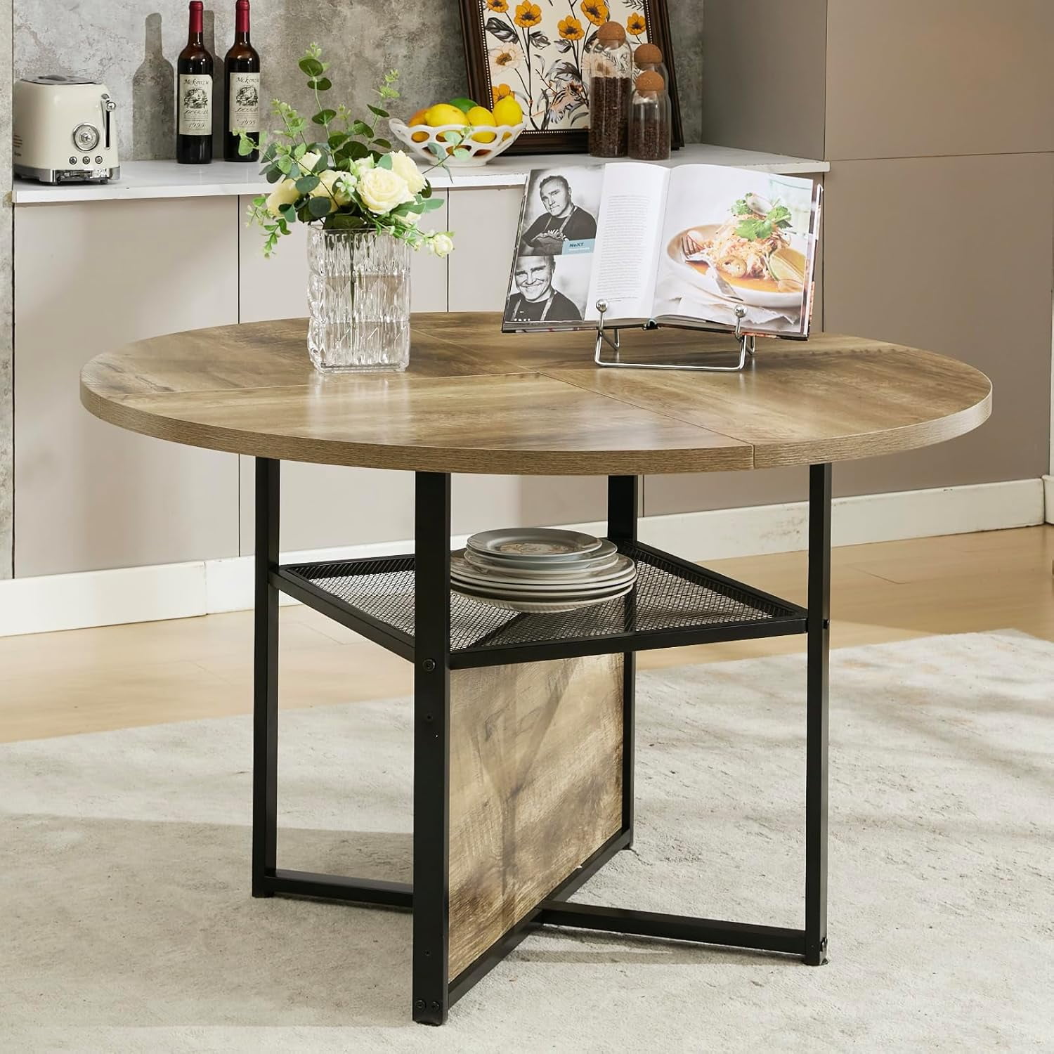 STHOUYN 47” Round Dining Table for 4 6 with Storage Shelf, Wood Kitchen ...