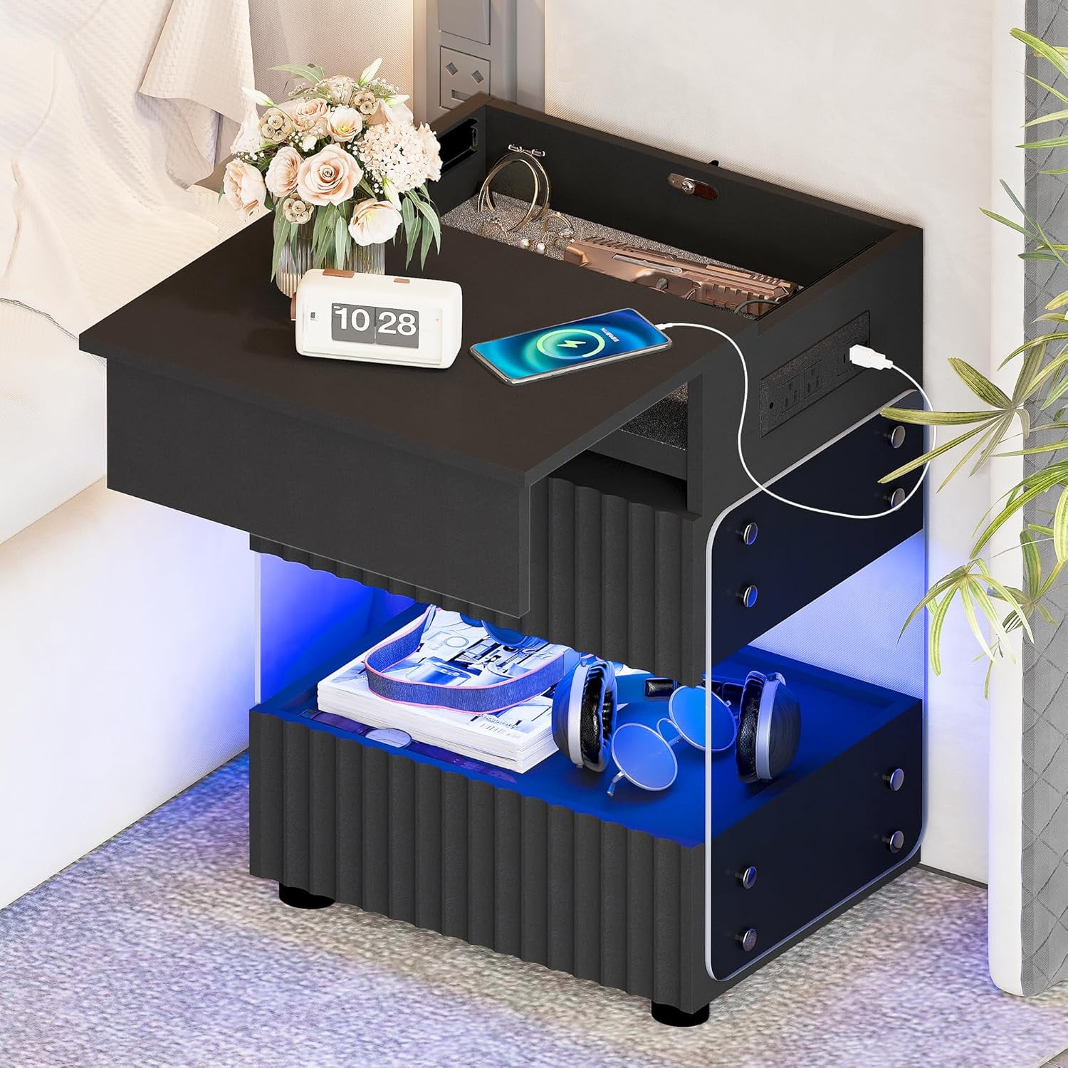 STHOUYN Bedroom LED Nightstand with Gun Drawers, Black Modern Night ...