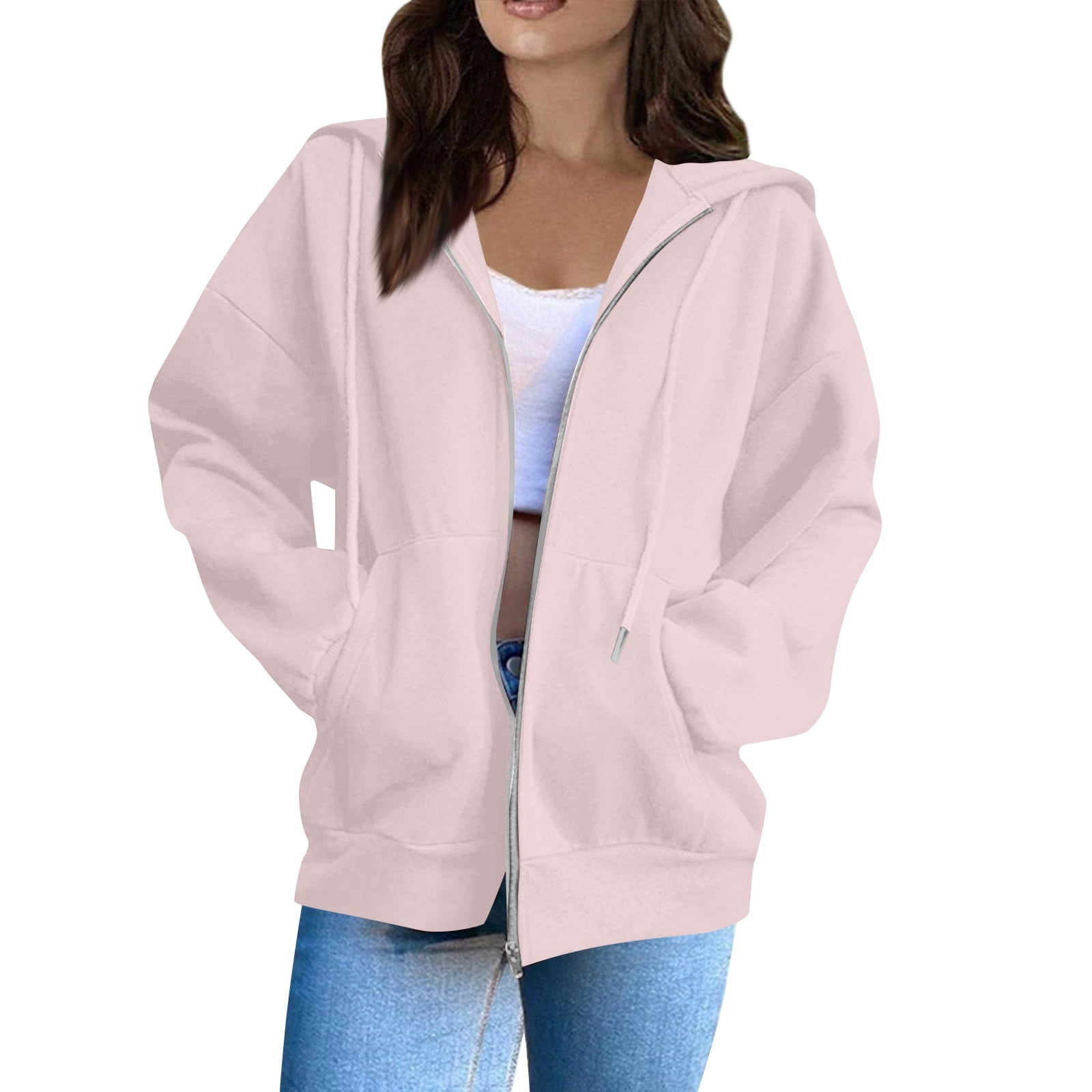 STICHOU Light pink Zip Up Hoodie Women Oversized Casual Fleece Lined ...