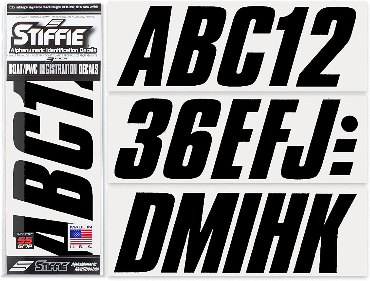 STIFFIE Shift Black 3" Boat & PWC Registration Decals • Numbers Letters ...