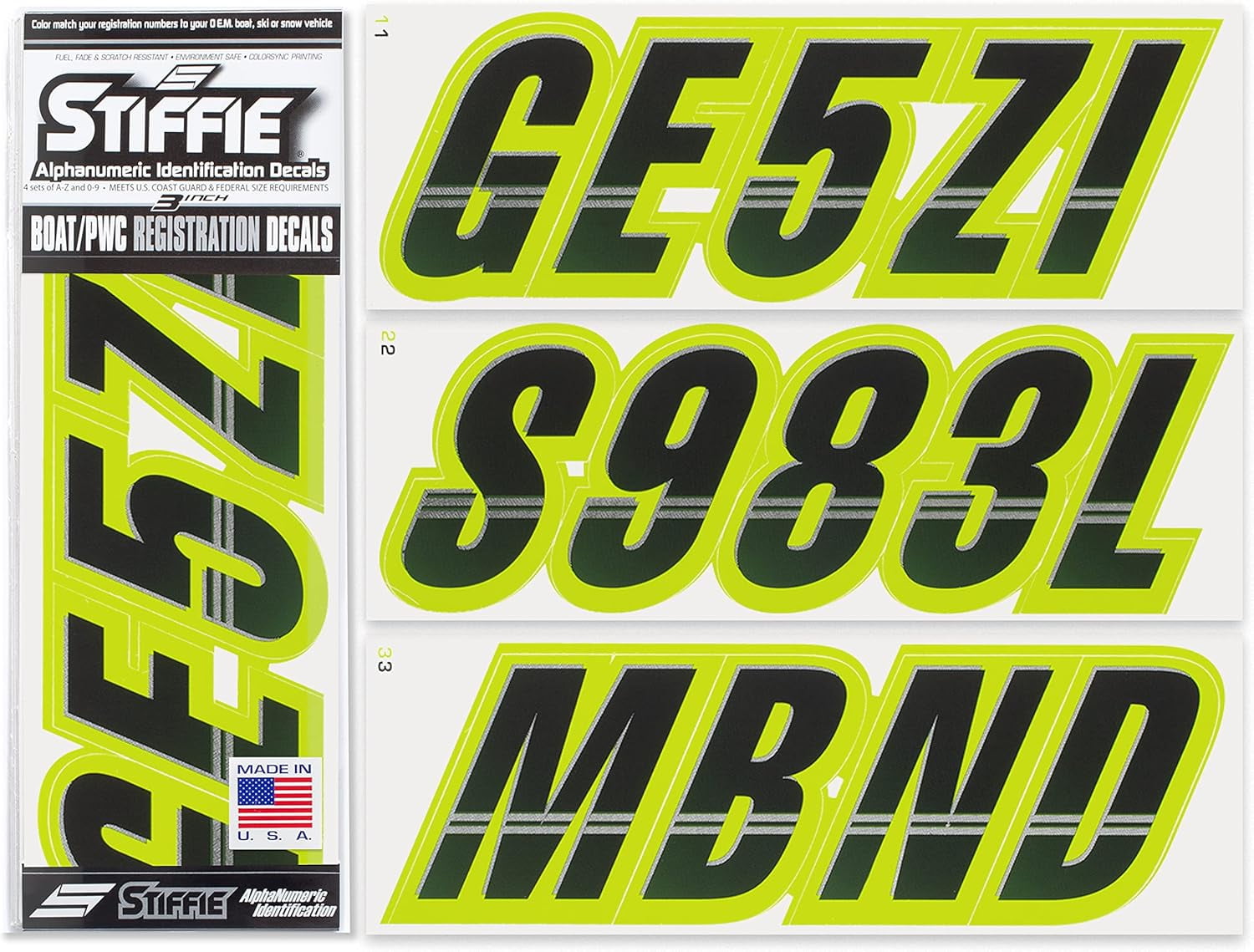 STIFFIE Techtron Black/Electric Lime 3" Boat & PWC Registration Decals ...