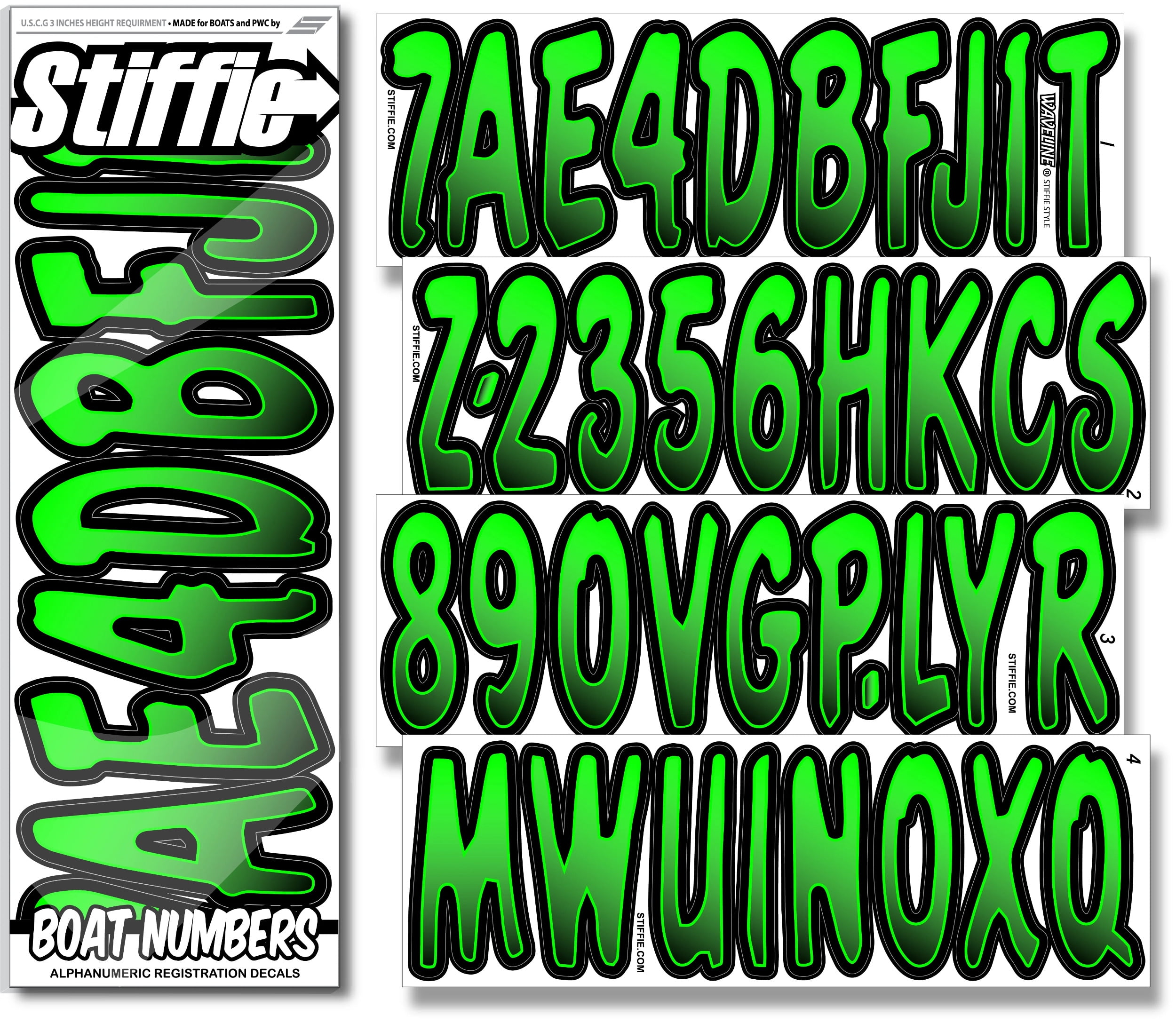 STIFFIE Waveline Electric Green/Black 3” Boat PWC Registration Decals ...