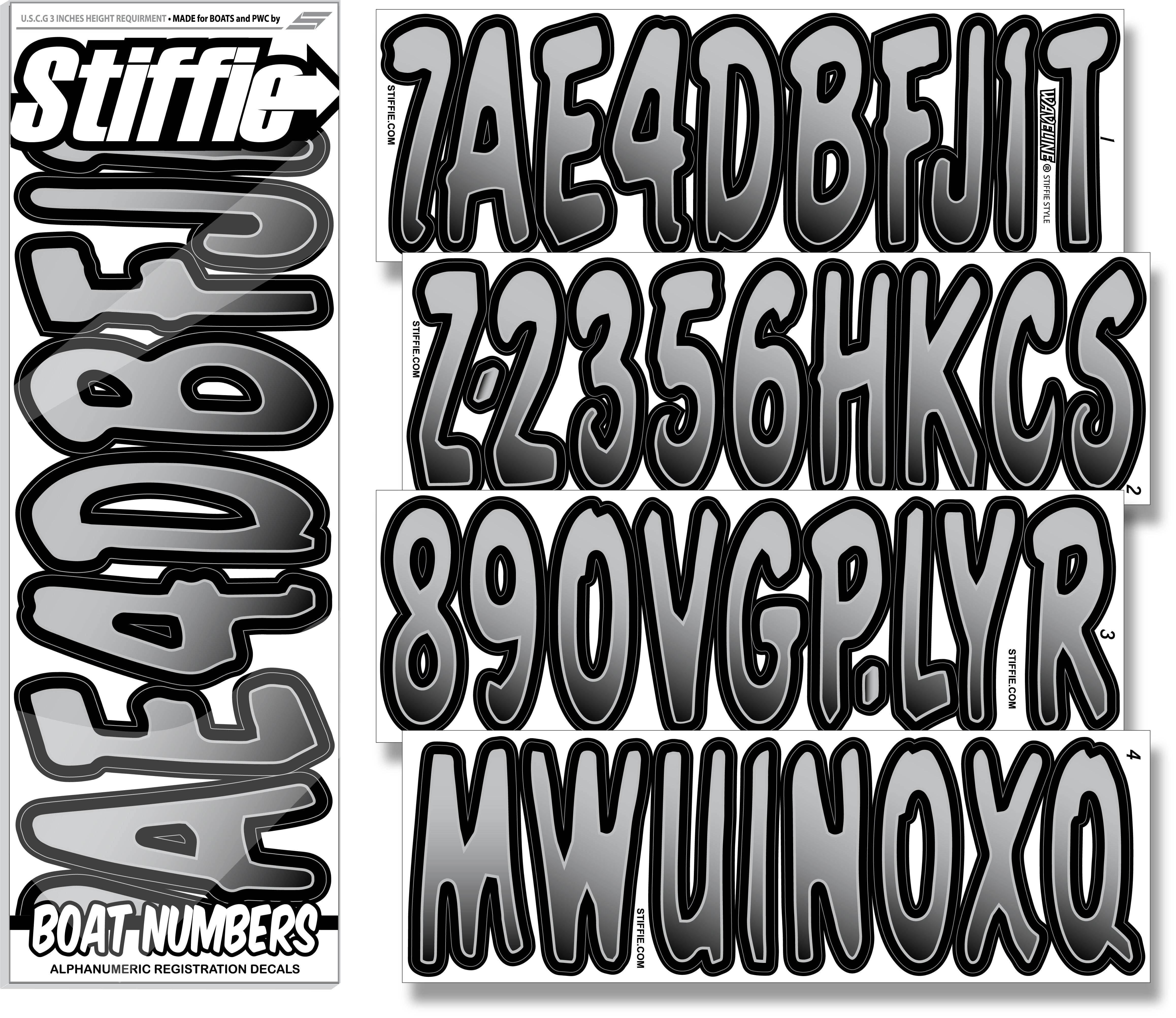 STIFFIE Waveline Metallic Silver/Black 3” Boat PWC Registration Decals ...
