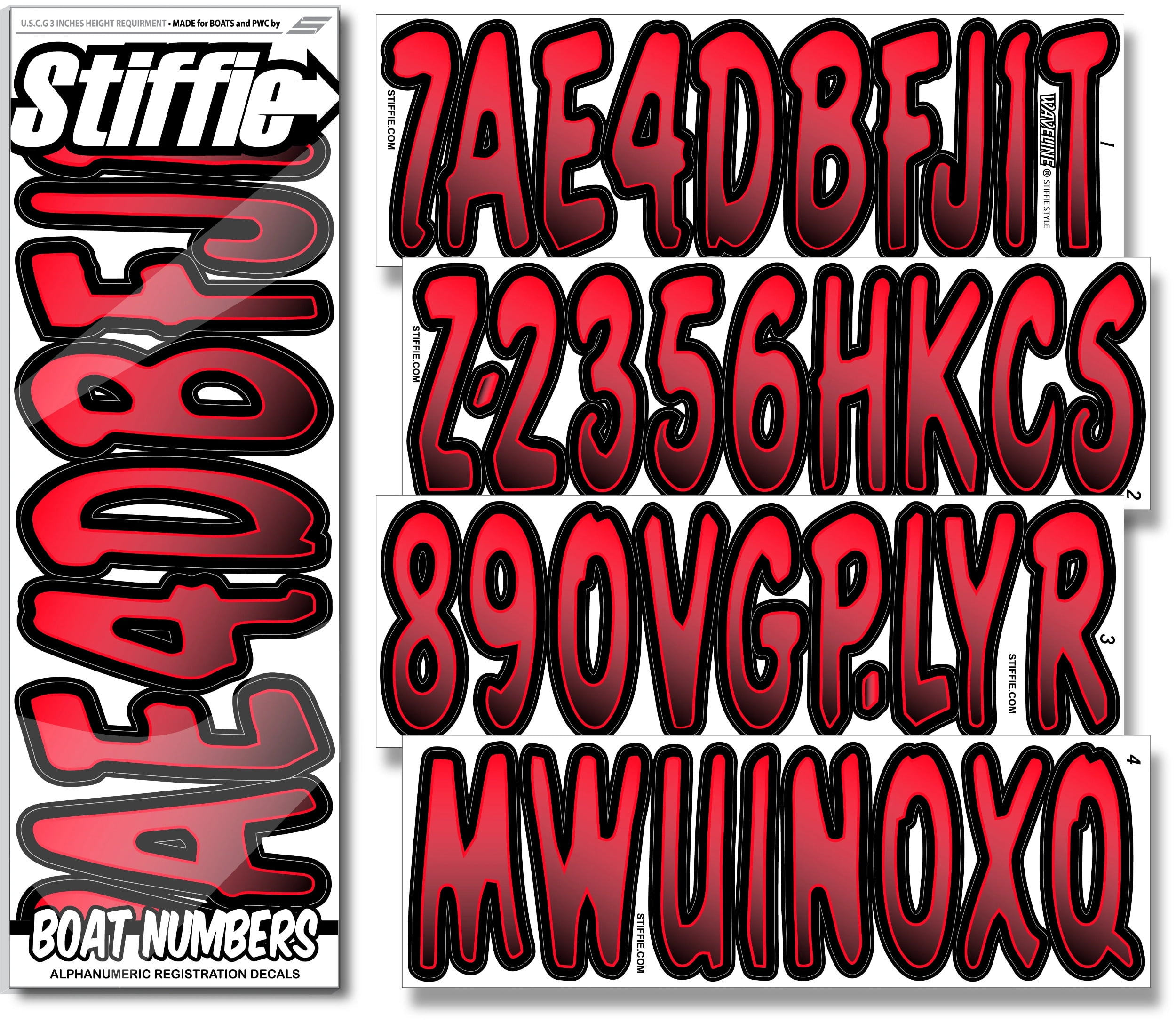 STIFFIE Waveline Red/Black 3” Boat PWC Registration Decals • Numbers ...