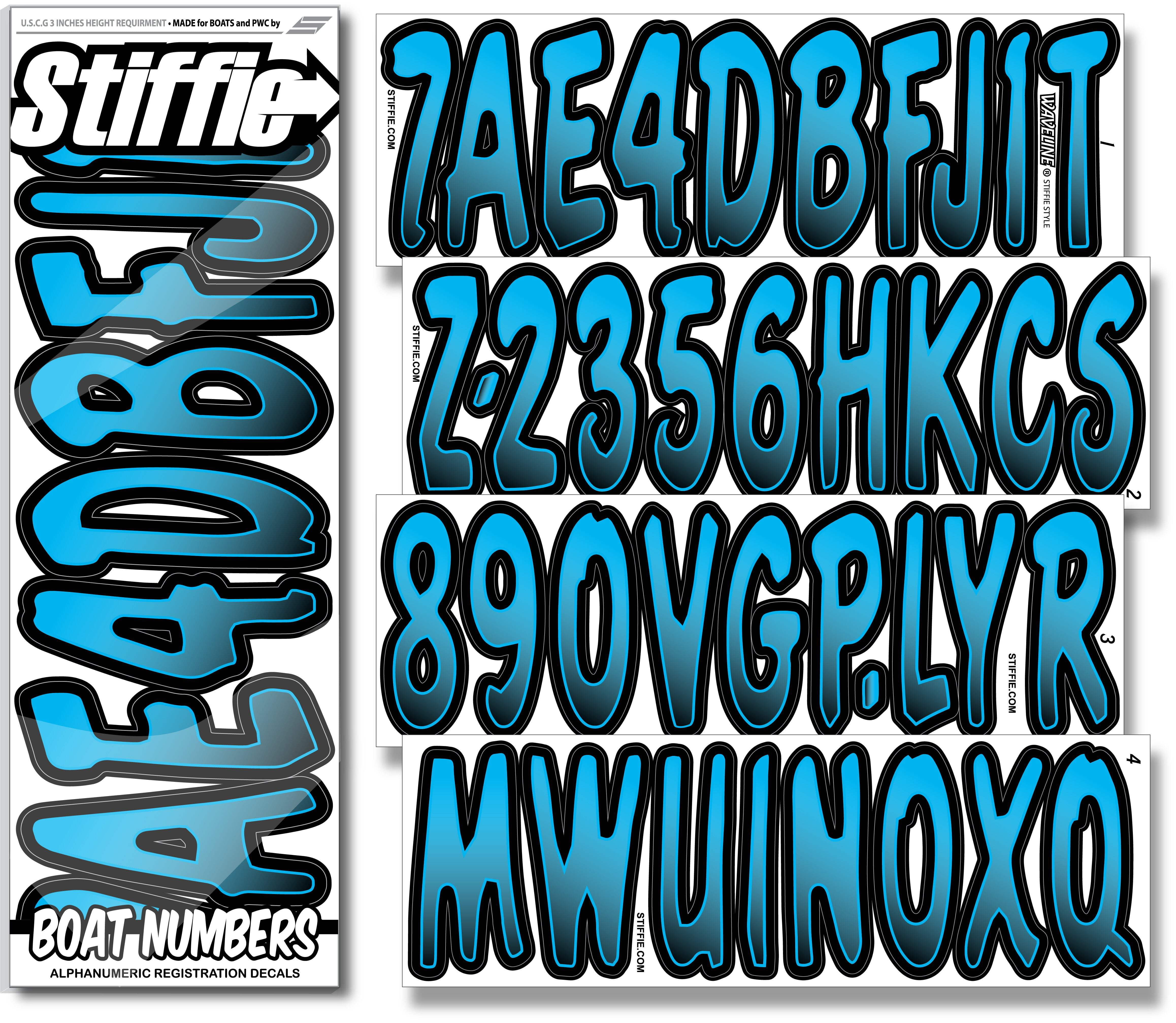 STIFFIE Waveline Sky Blue/Black 3” Boat PWC Registration Decals ...
