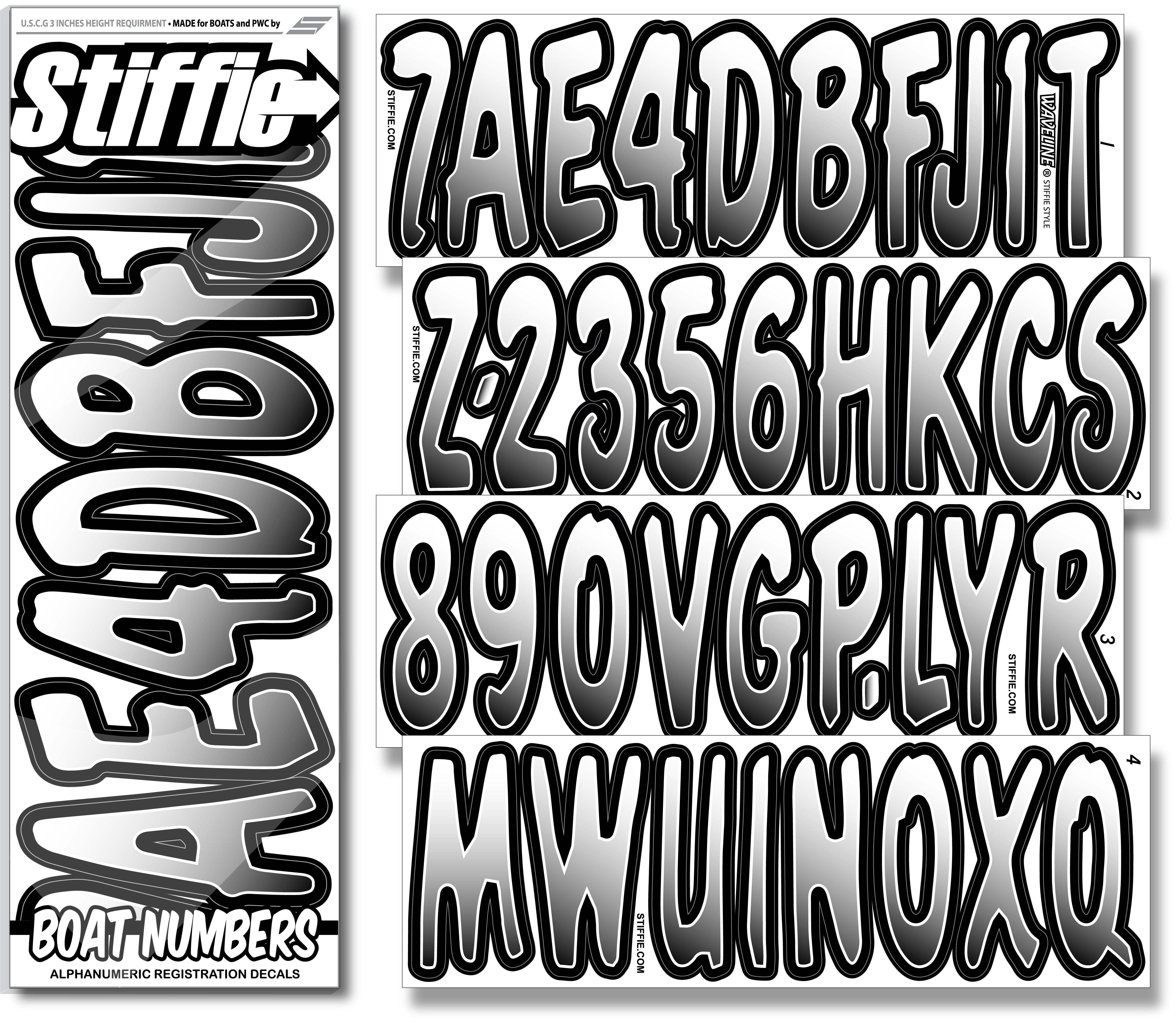 STIFFIE Waveline White/Black 3” Boat PWC Registration Decals • Numbers ...