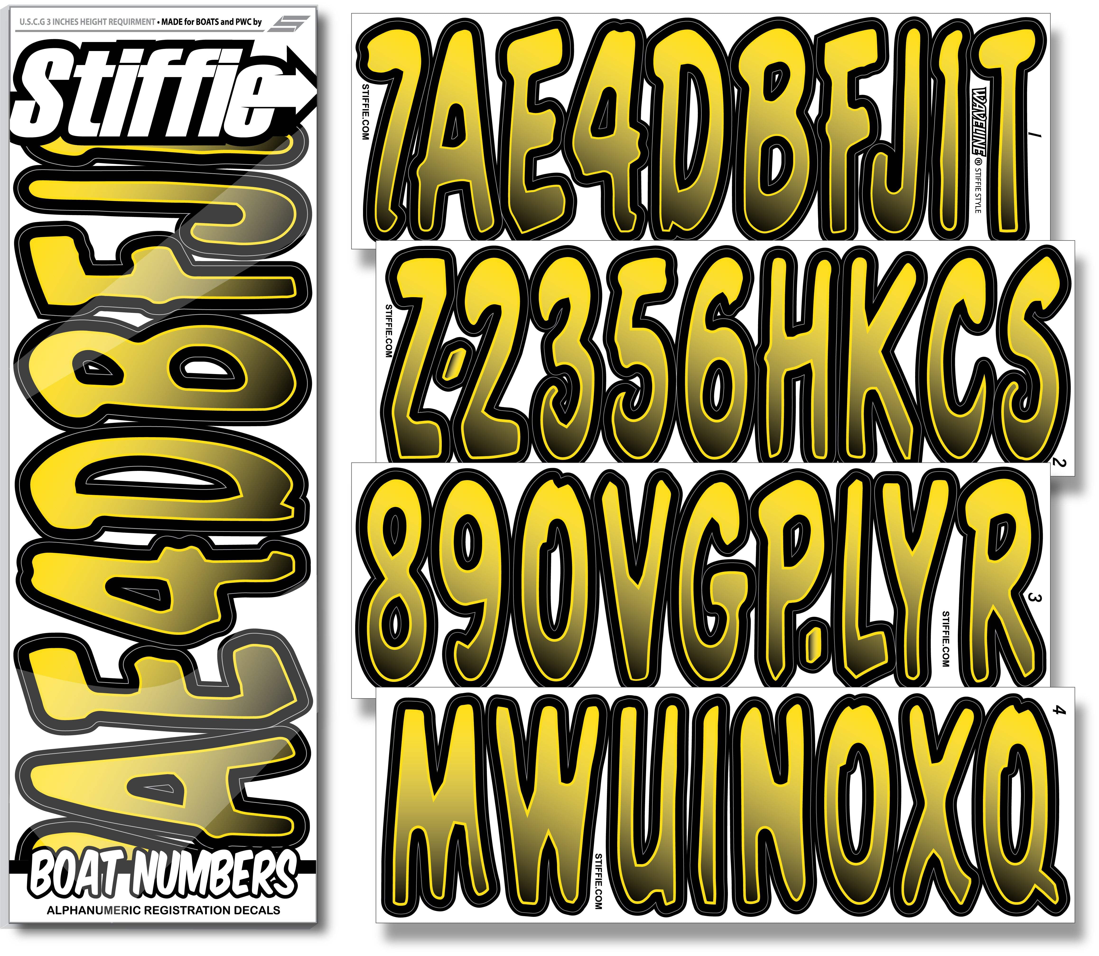 STIFFIE Waveline Yellow/Black 3” Boat PWC Registration Decals • Numbers ...