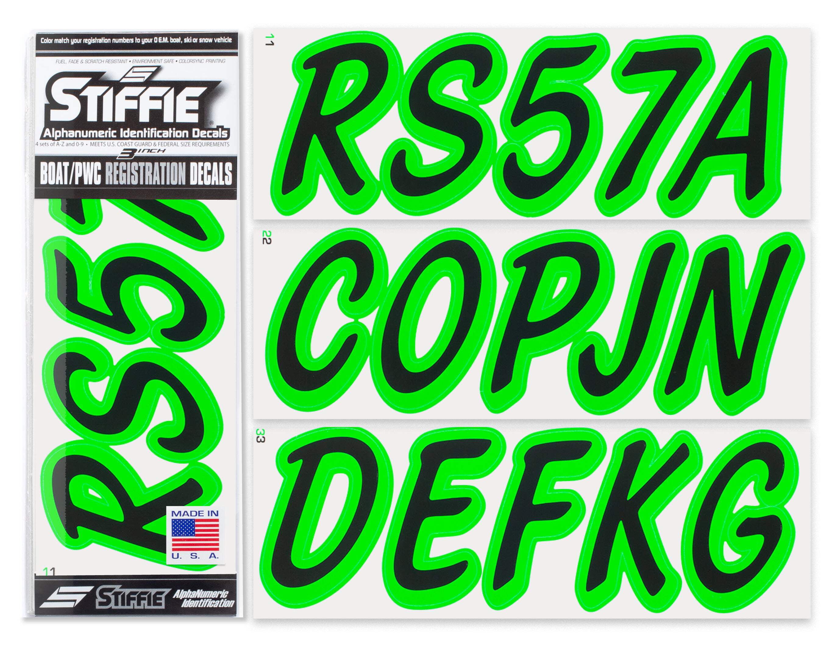 STIFFIE Whipline Solid Black/Electric Green 3" Alpha-Numeric ...