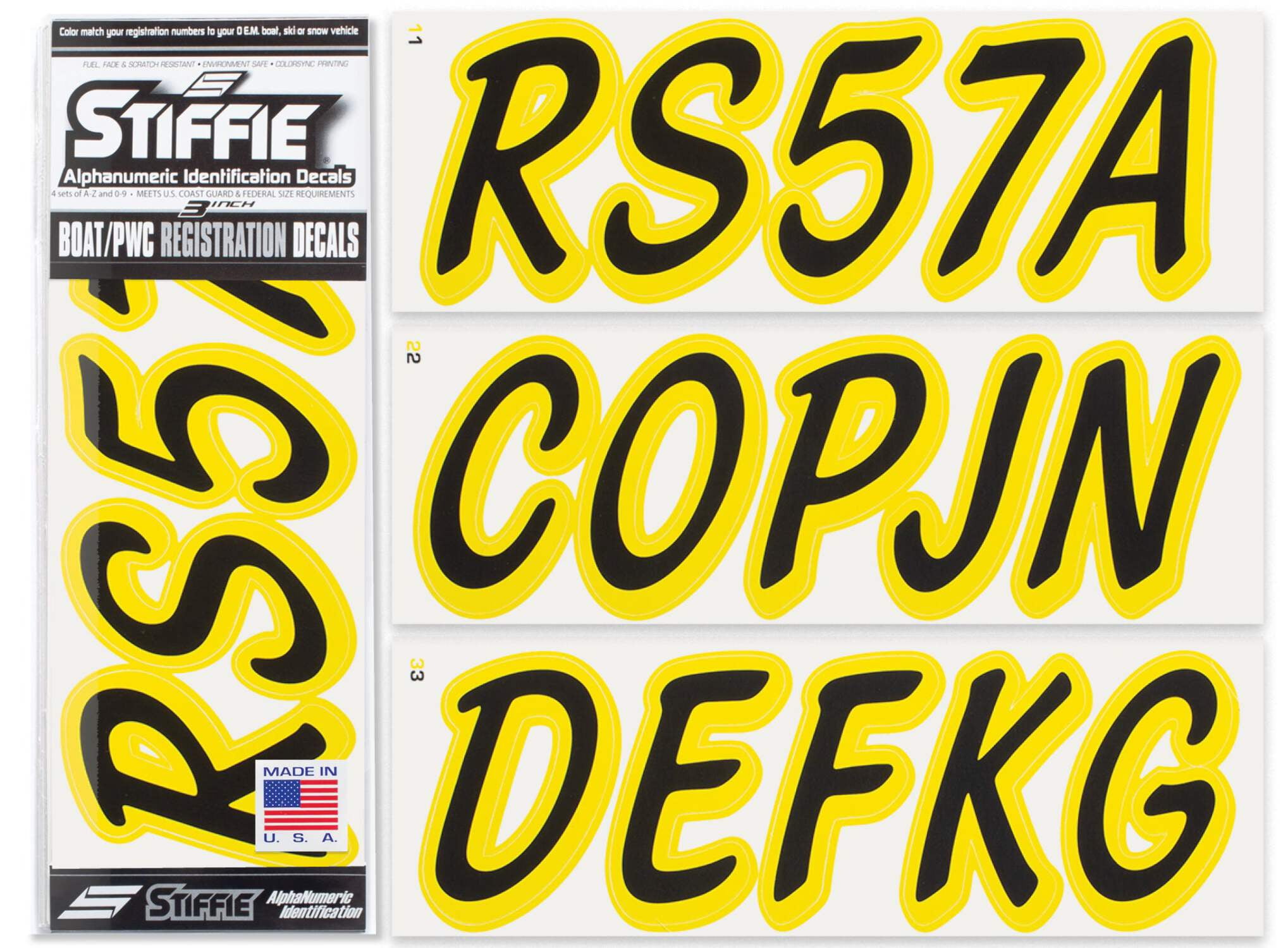 STIFFIE Whipline Solid Black/Electric Yellow 3" Alpha-Numeric ...