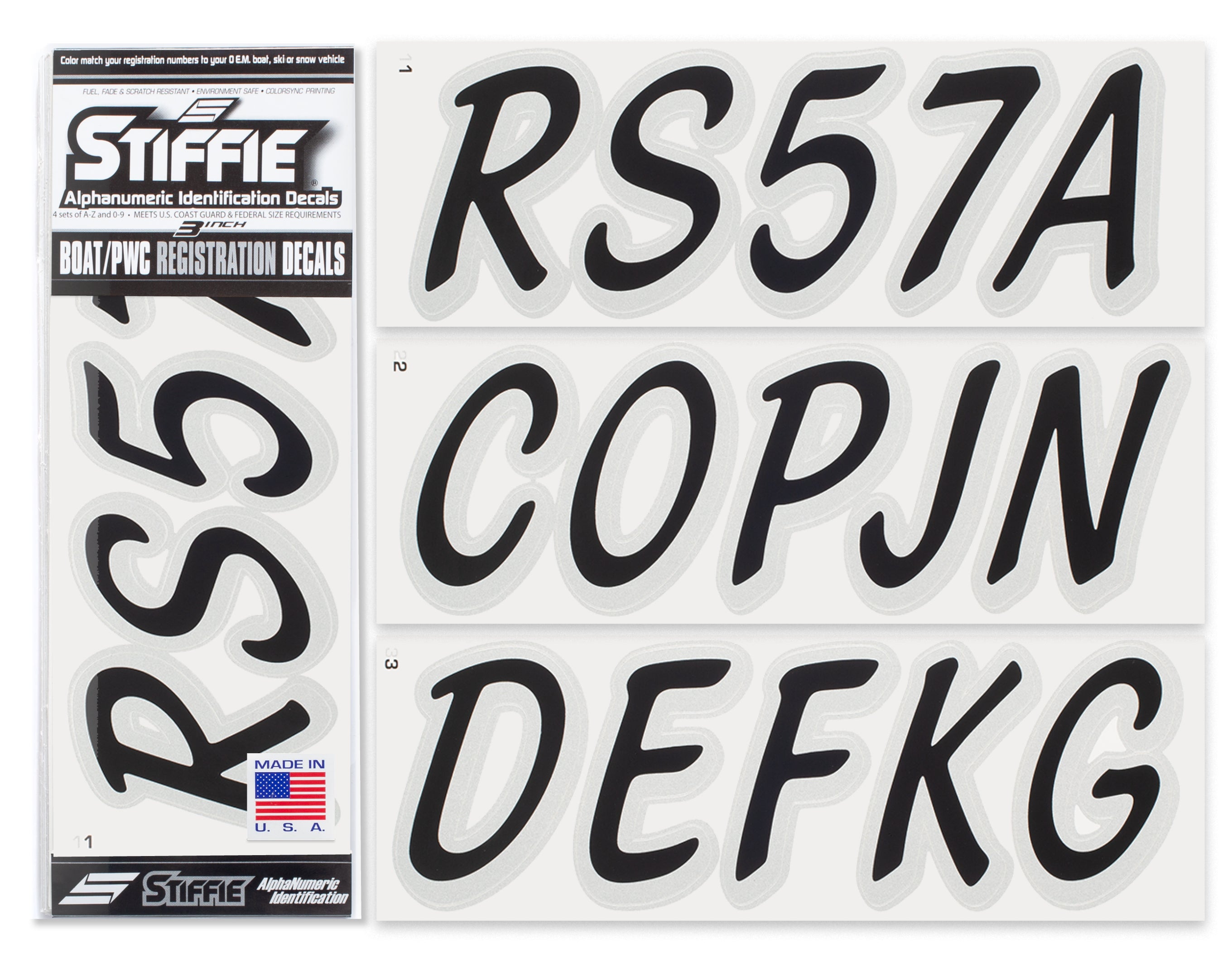 STIFFIE Whipline Solid Black/Metallic Silver 3" Alpha-Numeric ...