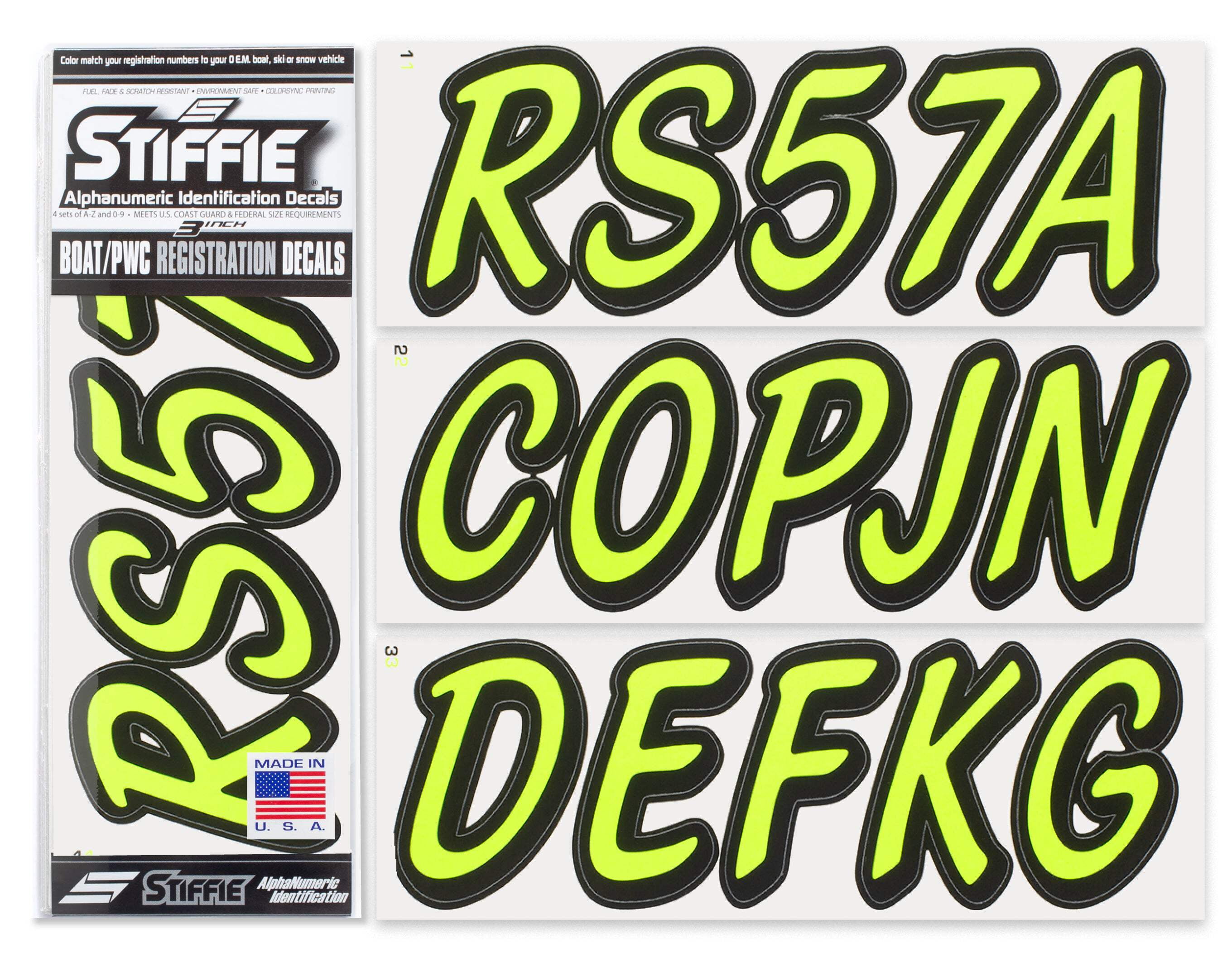 STIFFIE Whipline Solid Day Glow Yellow/Black 3" Alpha-Numeric ...