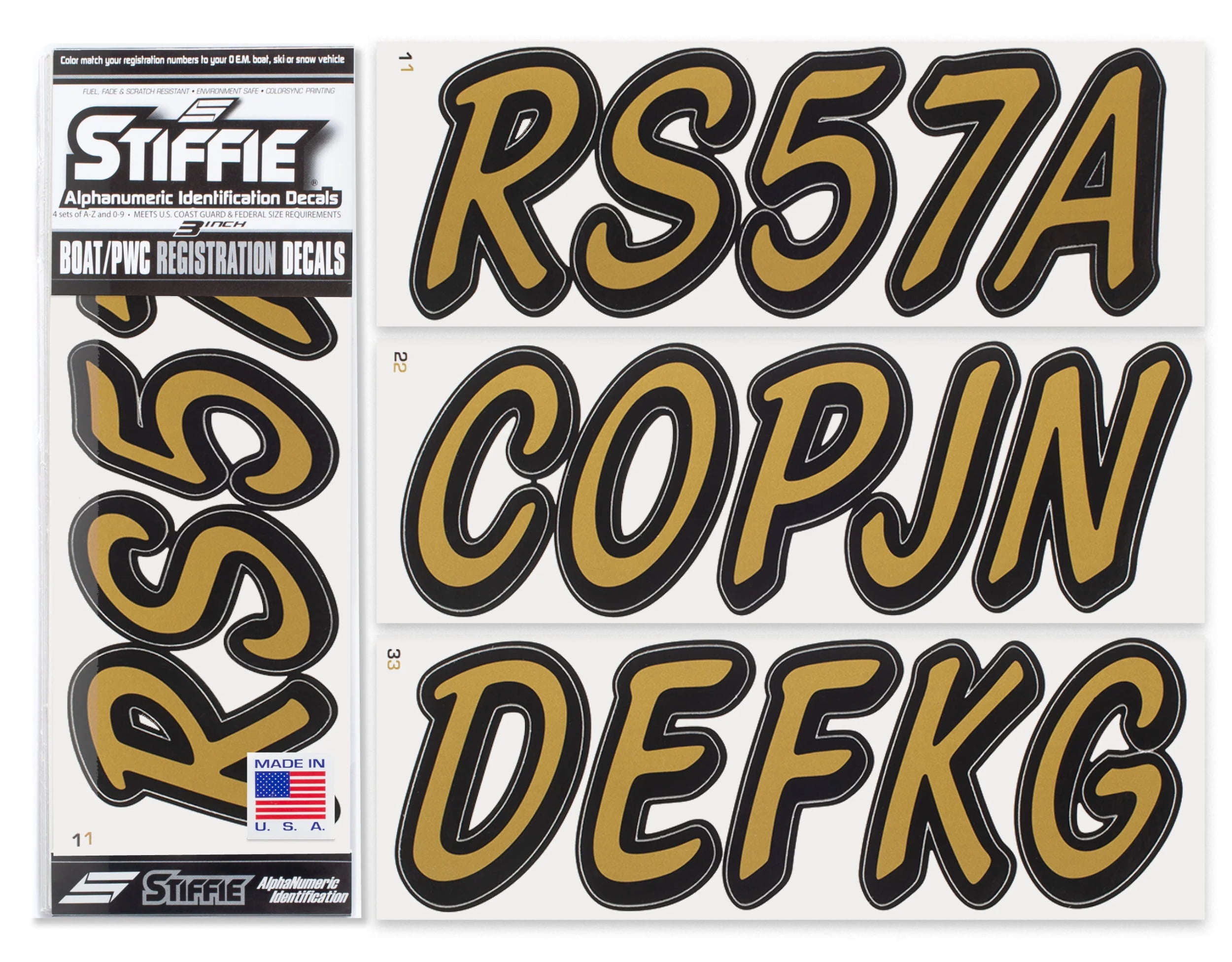STIFFIE Whipline Solid Metallic Gold/Black 3" Alpha-Numeric ...