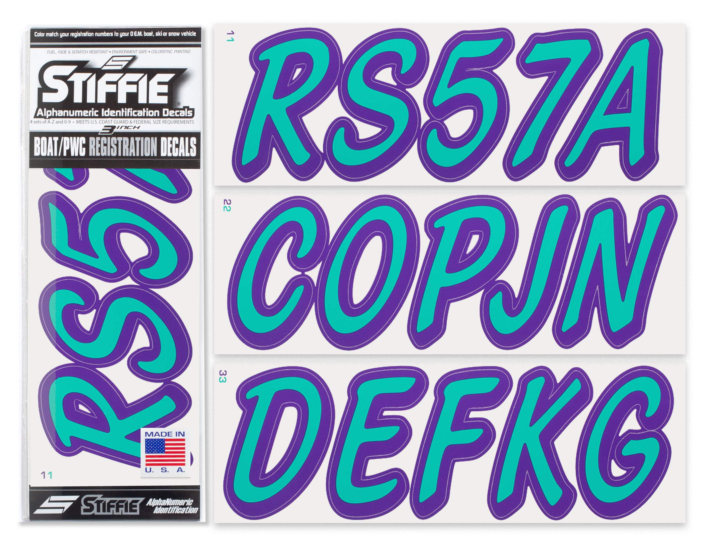 STIFFIE Whipline Solid SeaTeal/Purple 3" Alpha-Numeric Registration ...