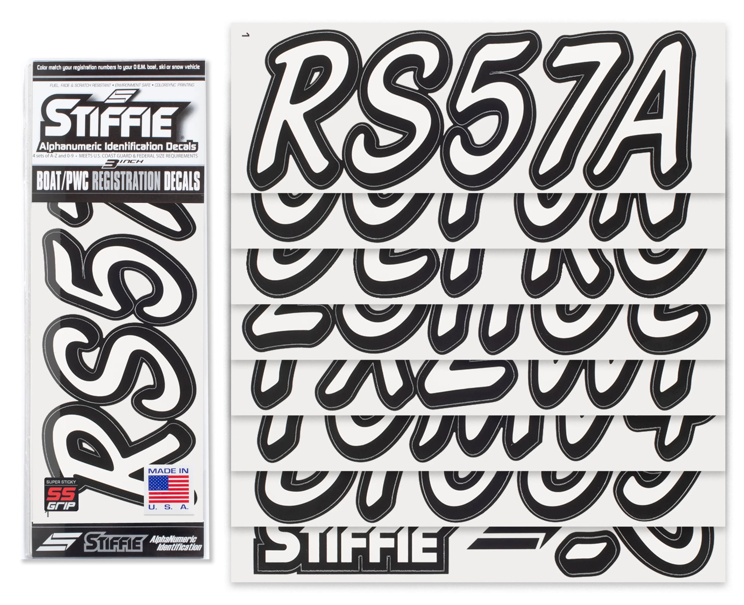 STIFFIE Whipline Solid White/Black Super Sticky 3" Alpha-Numeric ...