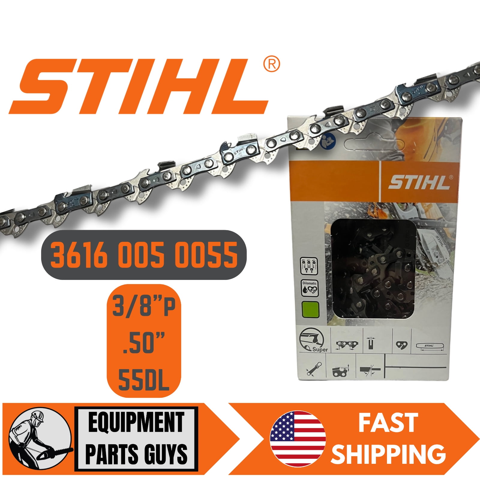 STIHL 63PS3 16" Chainsaw Chain 3/8" Picco .050" Gauge 55 Link OEM ...