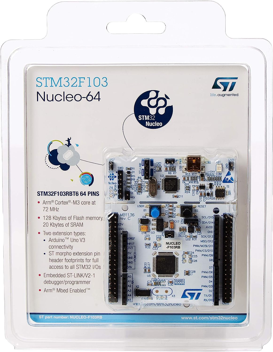 STM32 Nucleo-64 Development Board with STM32F103RB MCU, Supports Arduino and ST Morpho ...