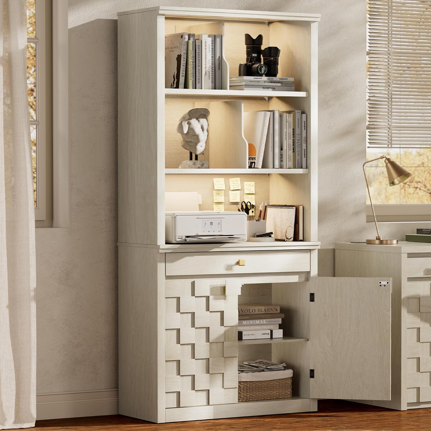 STO'SENSE 6-Tier Bookshelf with LED Lights, 72.2" Tall Bookcase with Drawer and Doors, Free ...