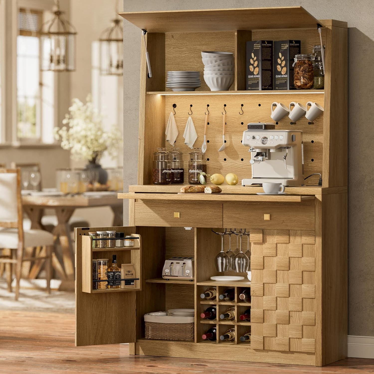 STO'SENSE 71.1" Tall Kitchen Pantry with Charging Station & LED Light ...