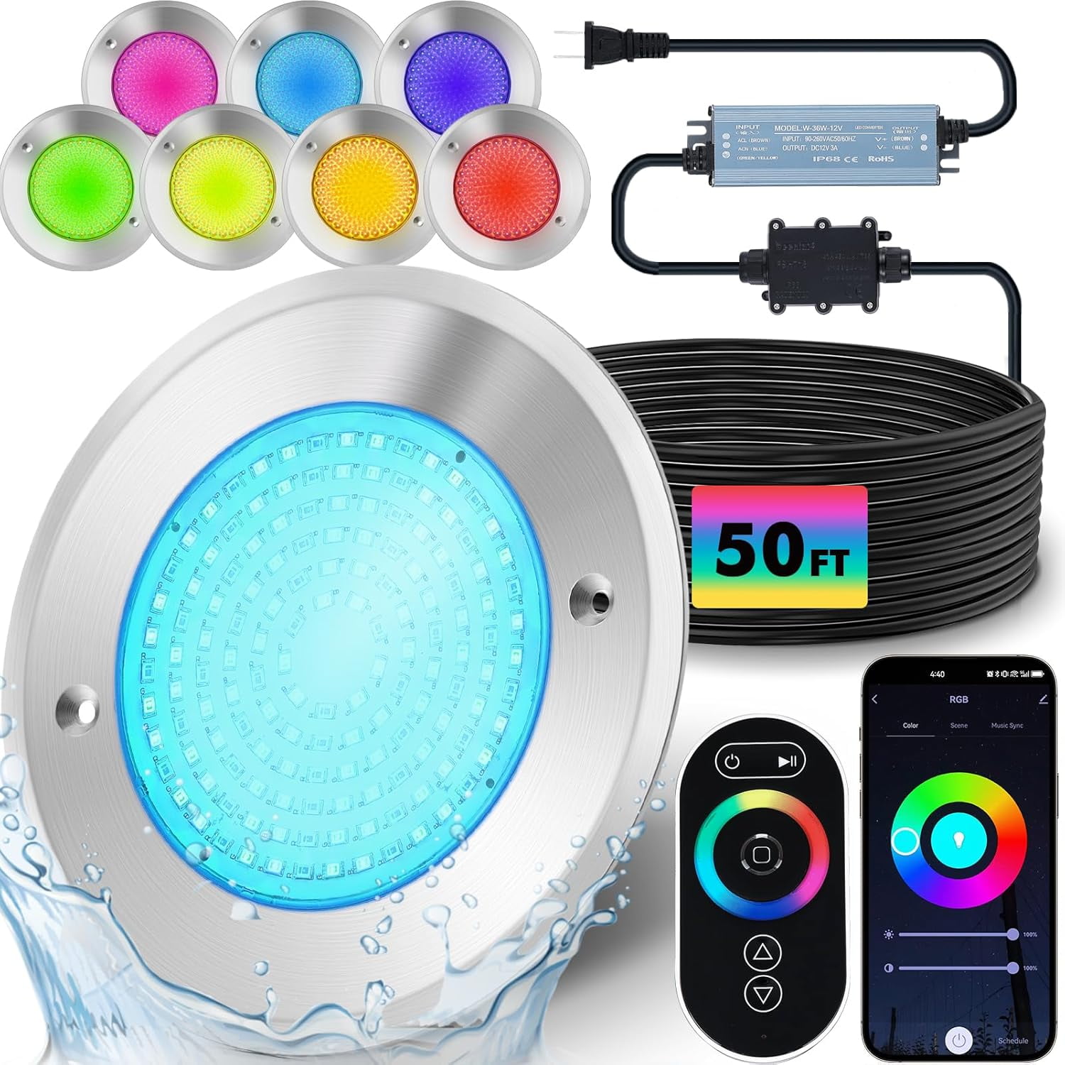 STONTREE 10" 12v LED Pool Light, 35w RGB Swimming Wall Mount Pool ...