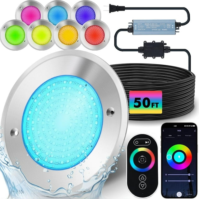 STONTREE 10" 12v LED Pool Light, 35w RGB Swimming Wall Mount Pool Lights Nicheless with 50FT ...