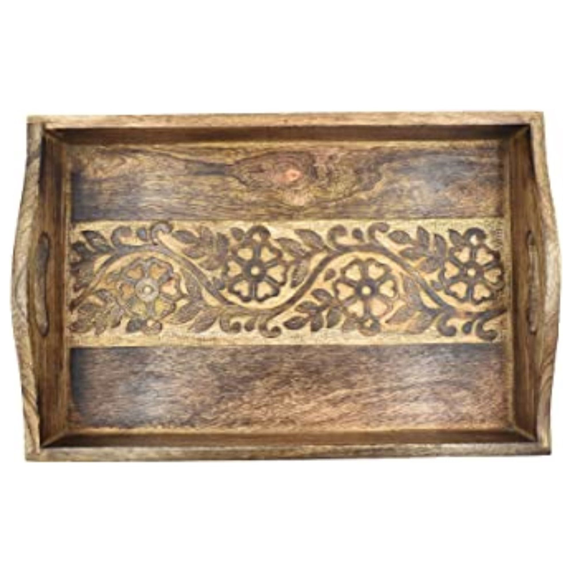 STORE INDYA Hand Carved Wooden Breakfast Serving Tray with Handle for ...