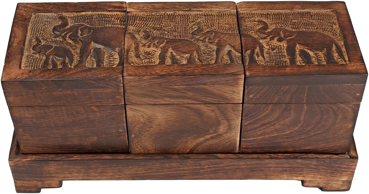 Store Indya Wooden Tea Box, Storage Chest, 3 Compartments, Elephant ...