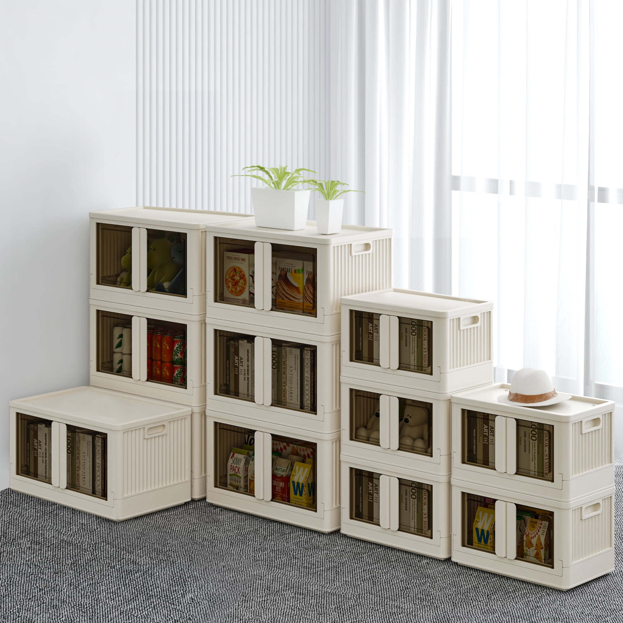 STOREADY Set of 3 Foldable Plastic Storage Bins, Milky White Stackable ...