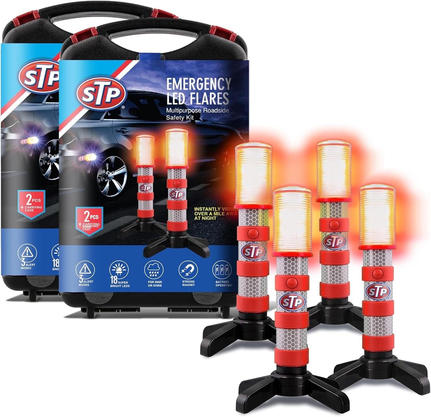 STP 4-Pack Emergency LED Road Flares, 3 Separate Lighting Modes ...