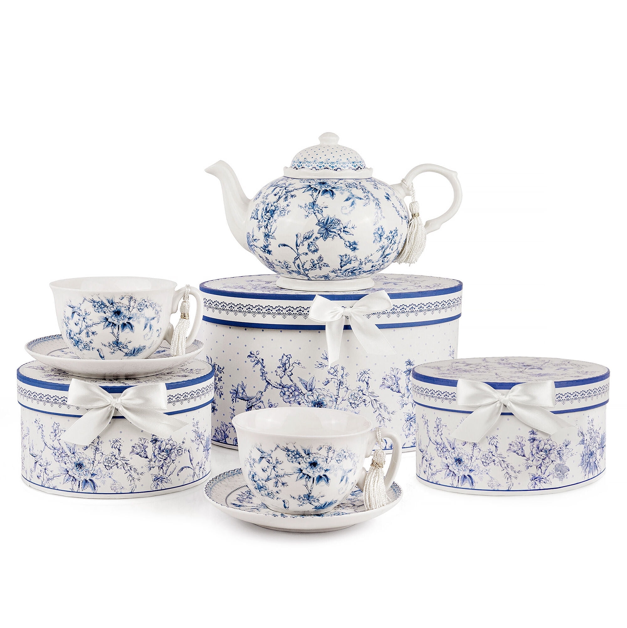 STP GOODS Blue Flowers Bone China Tea Set of 5 for 2 in Gift Box 8.45 ...