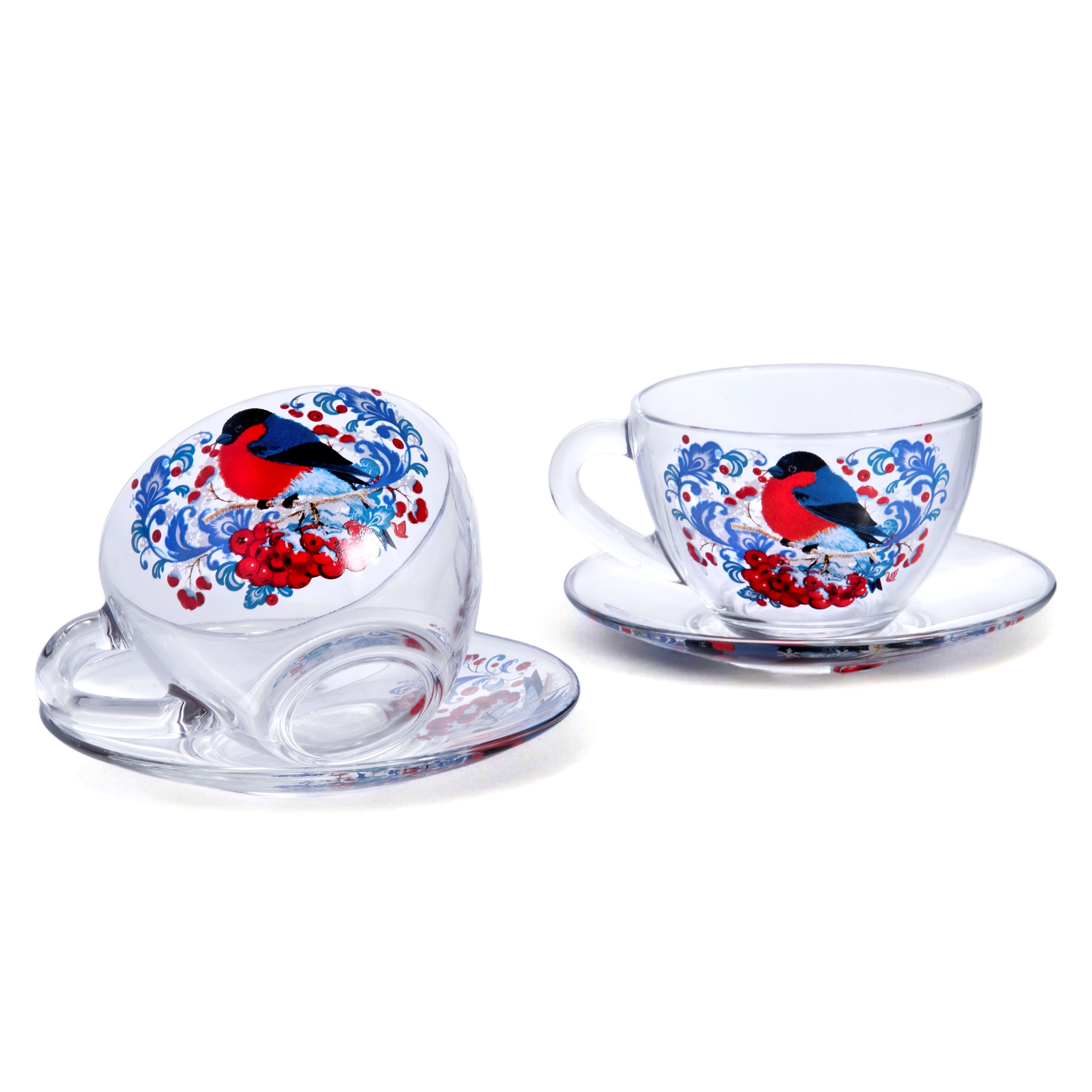 STP GOODS Bullfinches Glass Tea Cup and Saucer Set for Two 6.8 fl oz ...