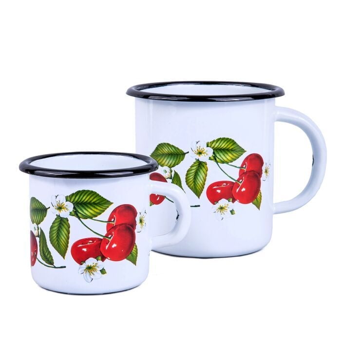 STP GOODS Cherry Berry Enamel Mug Set of 2 Pcs 13.5 fl oz and 33.8 fl oz Enameled Steel Mug Set ...