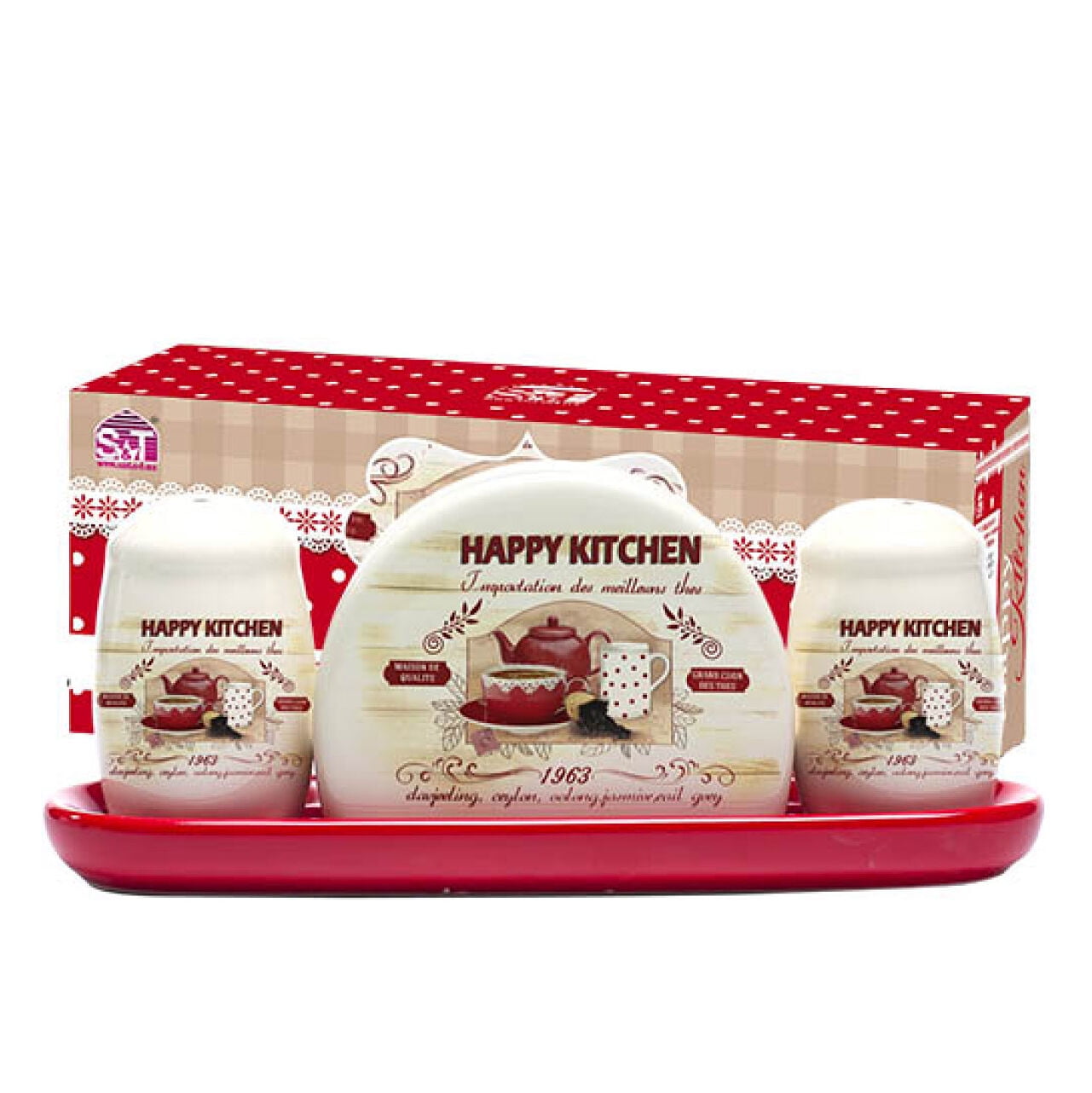 STP GOODS Happy Kitchen Ceramic Salt and Pepper Shaker Set with Napkin Holder and Tray 9.1x2.8x3 ...