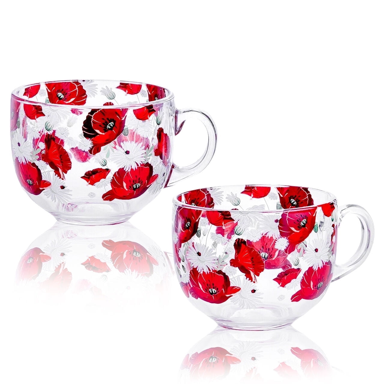 STP GOODS Jumbo Poppies and Daisies Glass Mug Set of 2 pcs 16.9 fl oz ...