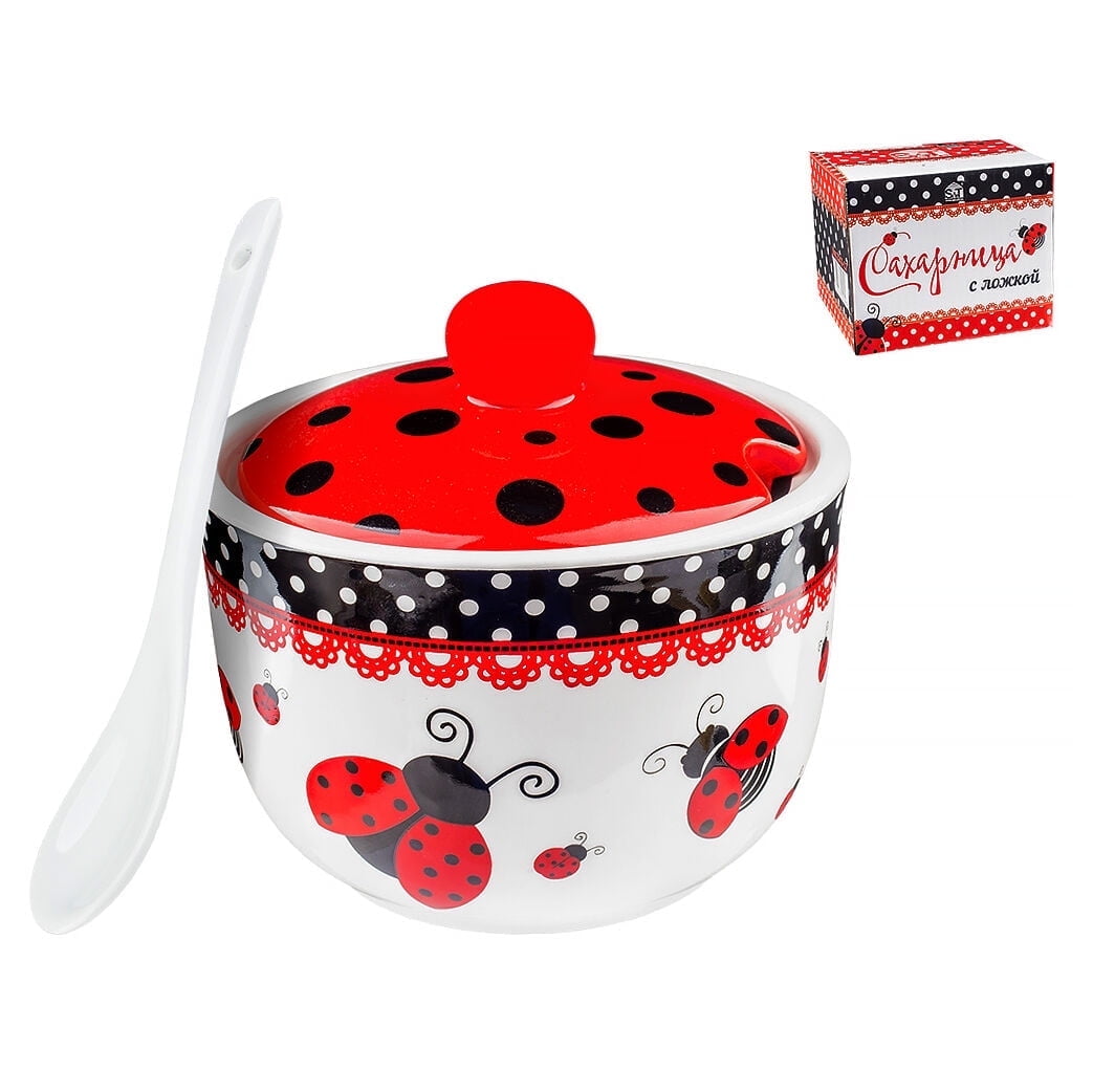 STP GOODS Ladybug Ceramic Sugar Bowl with Spoon and Lid 15.2 fl oz (450 ...
