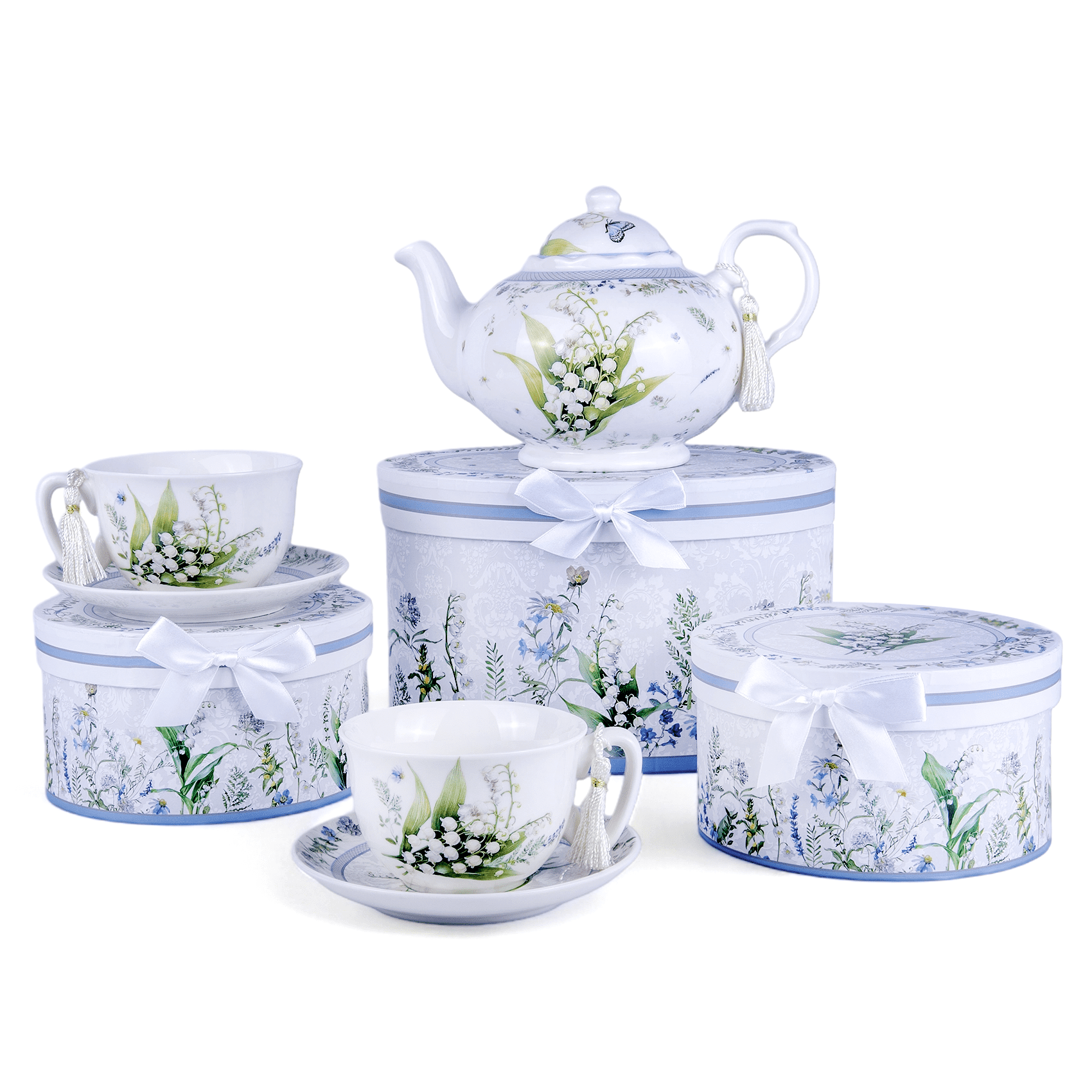STP GOODS Lily of the Valley Bone China Tea Set of 5 for 2 in Gift Box ...