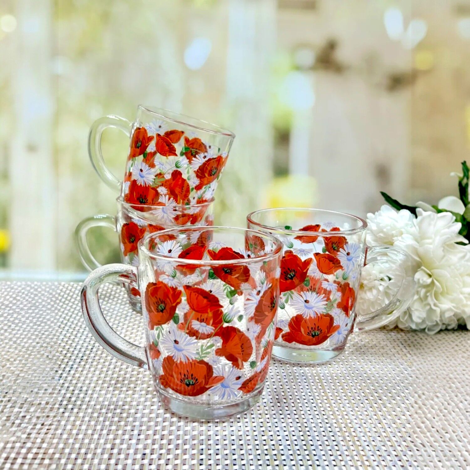 STP GOODS Poppies and Daisies Glass Mug Set of 4 pcs 11.2 fl oz (330 ml ...